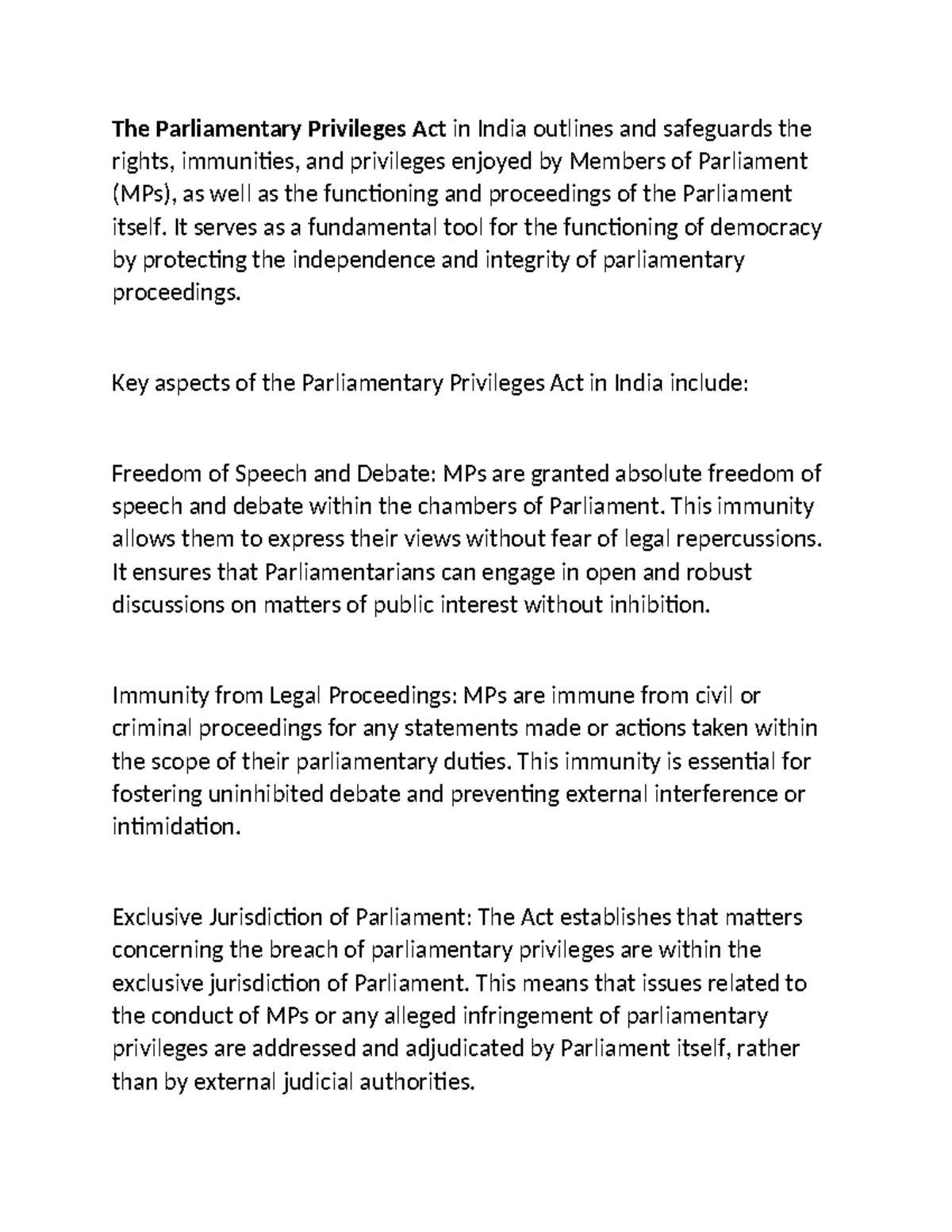 Parliamentary Privileges Act in short - The Parliamentary Privileges ...