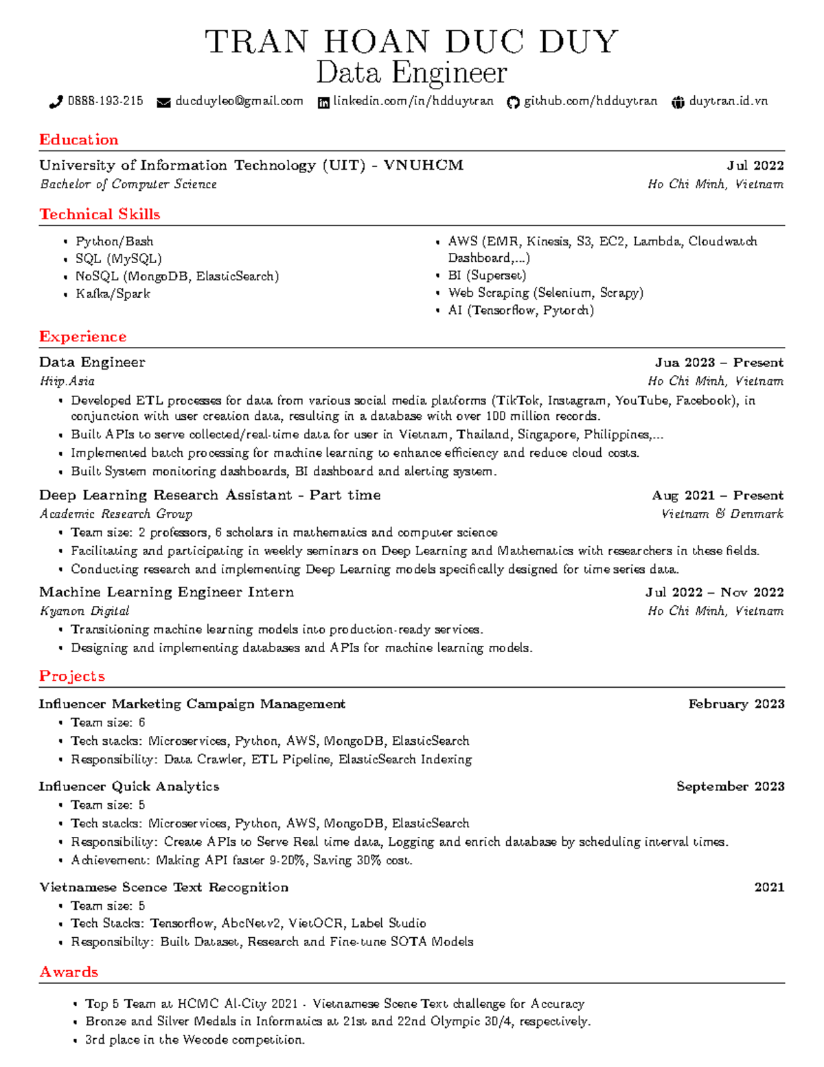 Tran Hoan Duc Duy Data Engineer - TRAN HOAN DUC DUY Data Engineer 0888-193-215 # ducduyleo@gmail ...