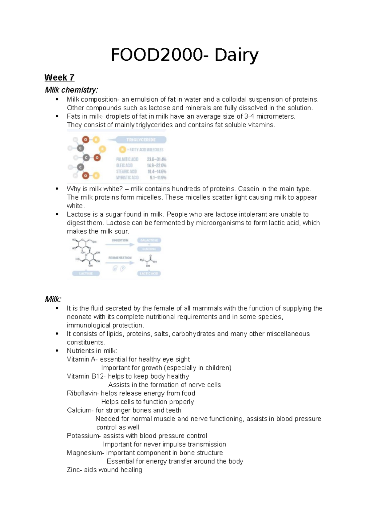 Dairy- notes - FOOD2000- Dairy Week 7 Milk chemistry: Milk composition ...
