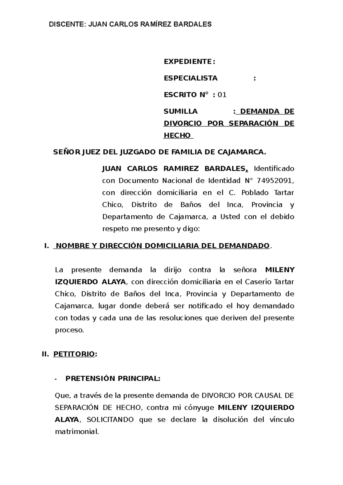 Demanda De Divorcio Por Separacion De Hecho Expediente Especialista