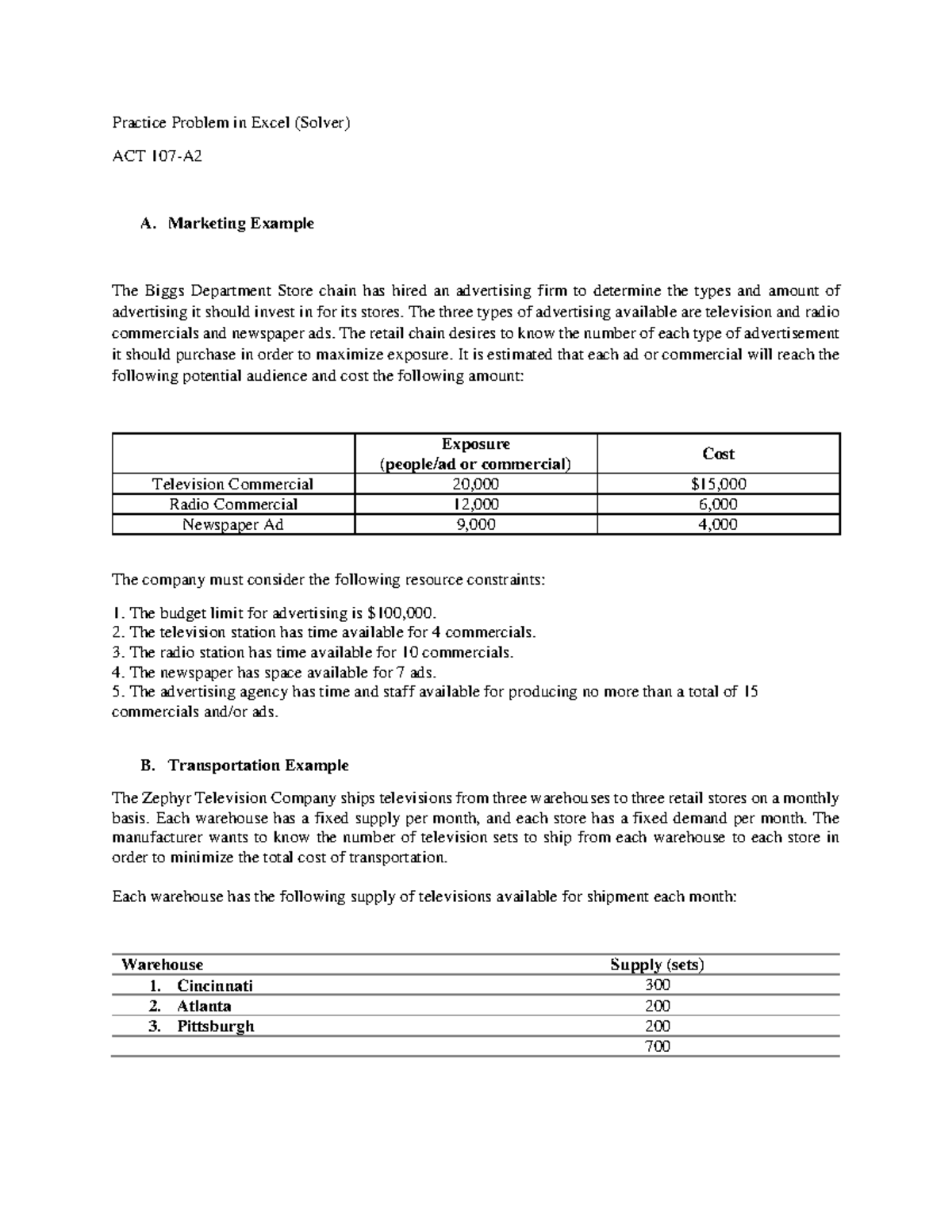 Practice Problem in Excel Solver-A2 - Marketing Example The Biggs ...