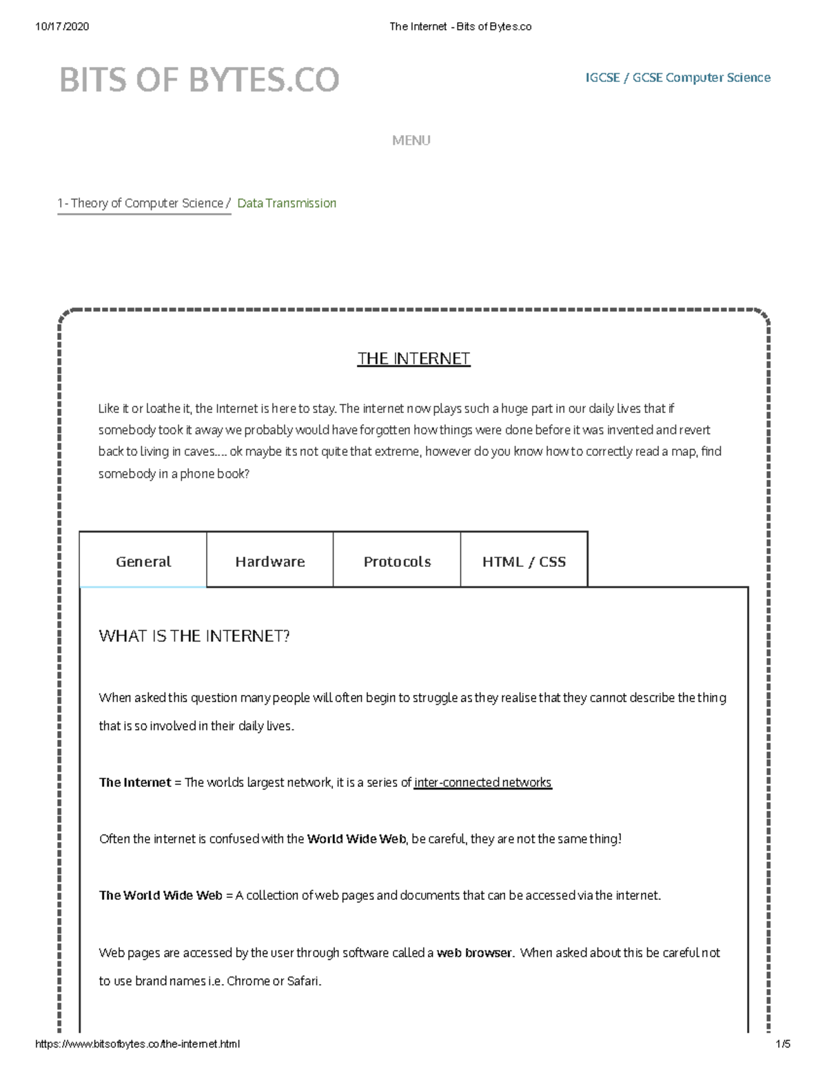 The Internet 1 - Bits of Bytes - THE INTERNET Like it or loathe it, the ...