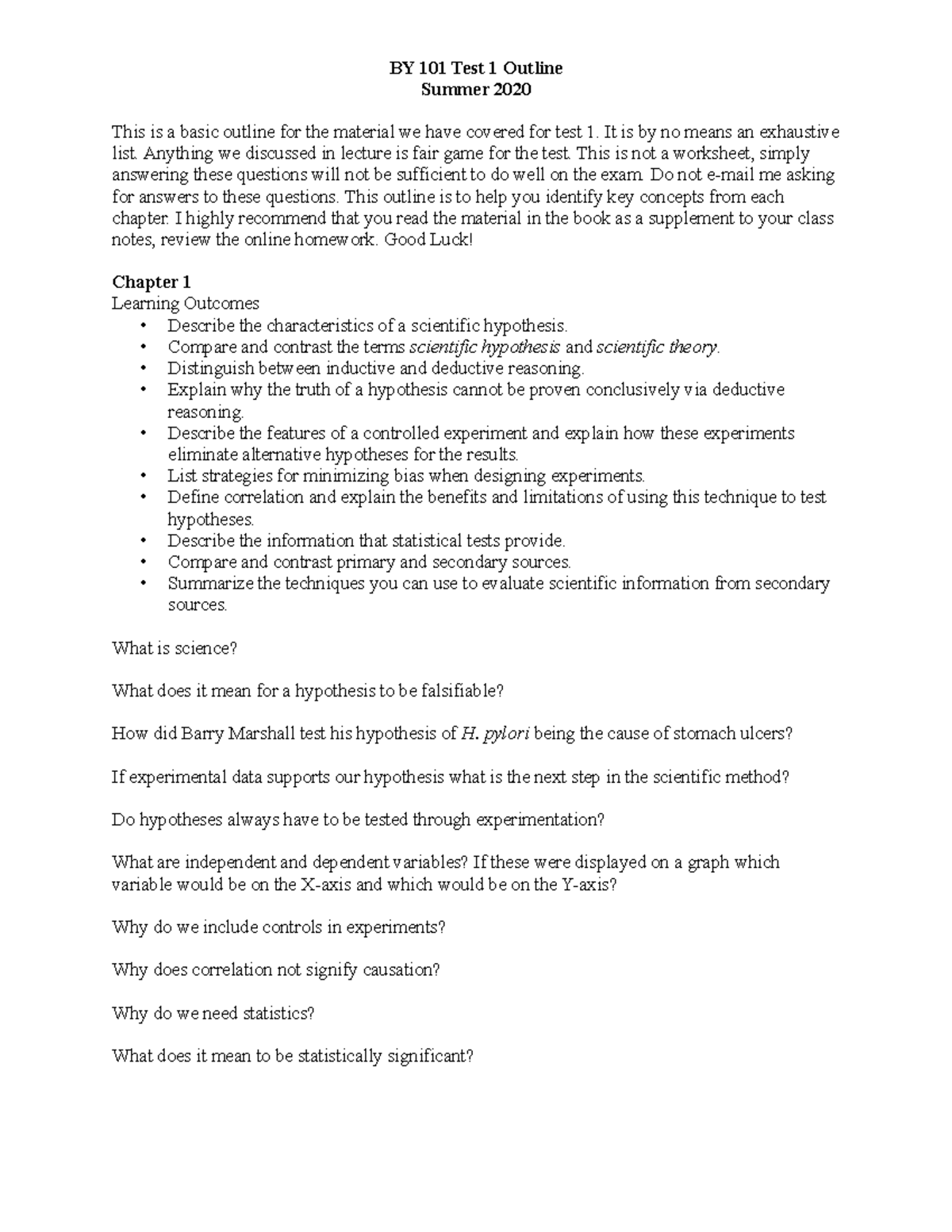 CH 1-2 Objectives - BY 101 Test 1 Outline Summer 2020 This is a basic ...