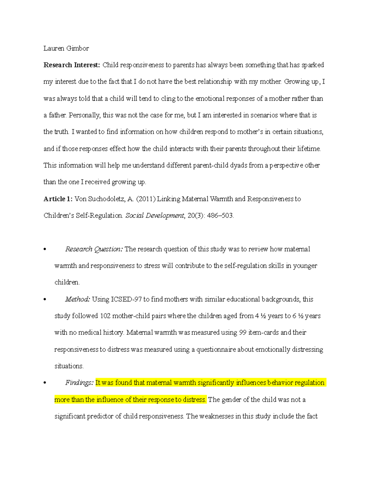 Assignment 1 - Dr. Omuri - Lauren Gimbor Research Interest: Child ...