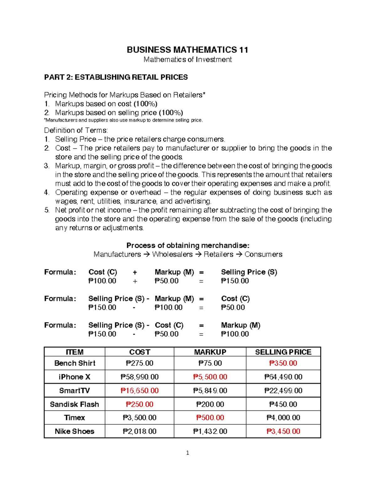 Part 2 Retail Prices - business math - BUSINESS MATHEMATICS 11 ...