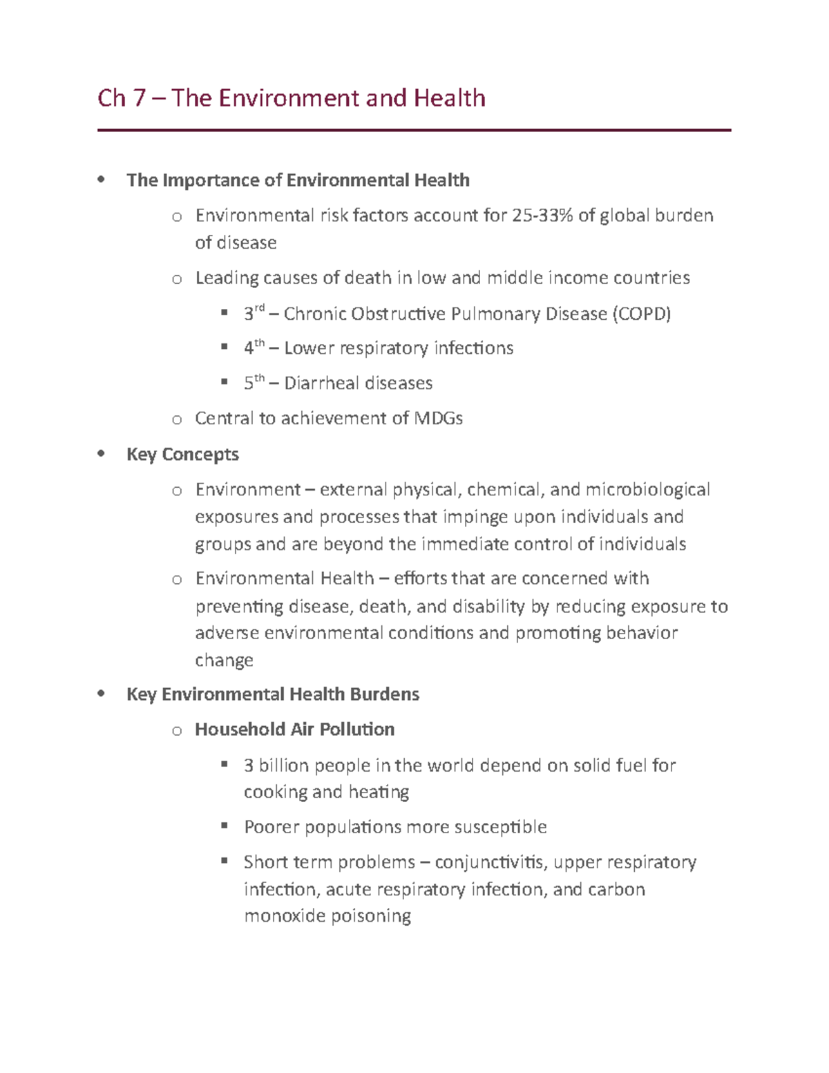 Ch 7- the environment and health - Ch 7 The Environment and Health The ...