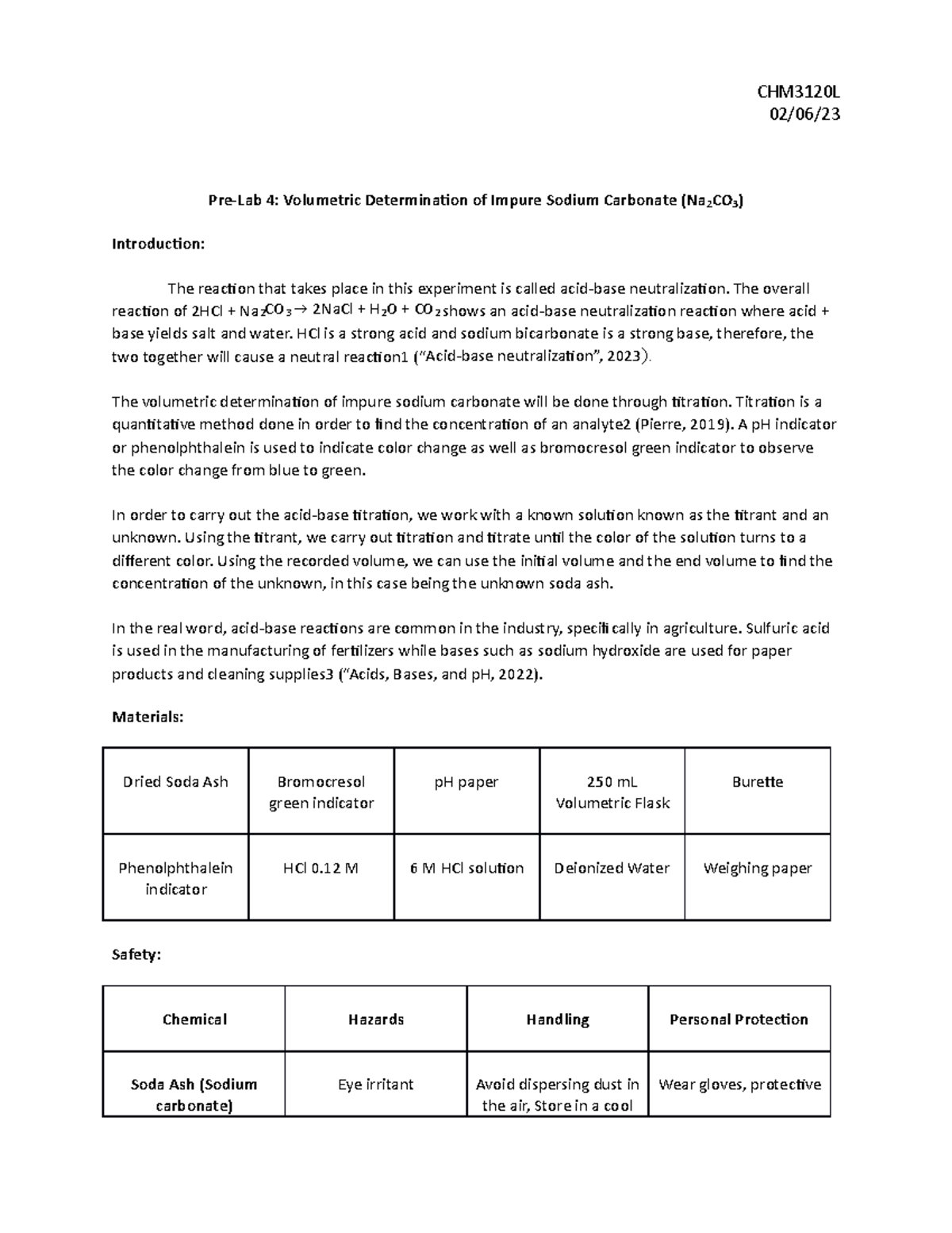 Pre-Lab 4 - Pre-Lab 4 - CHM3120L 02/06/ Pre-Lab 4: Volumetric ...
