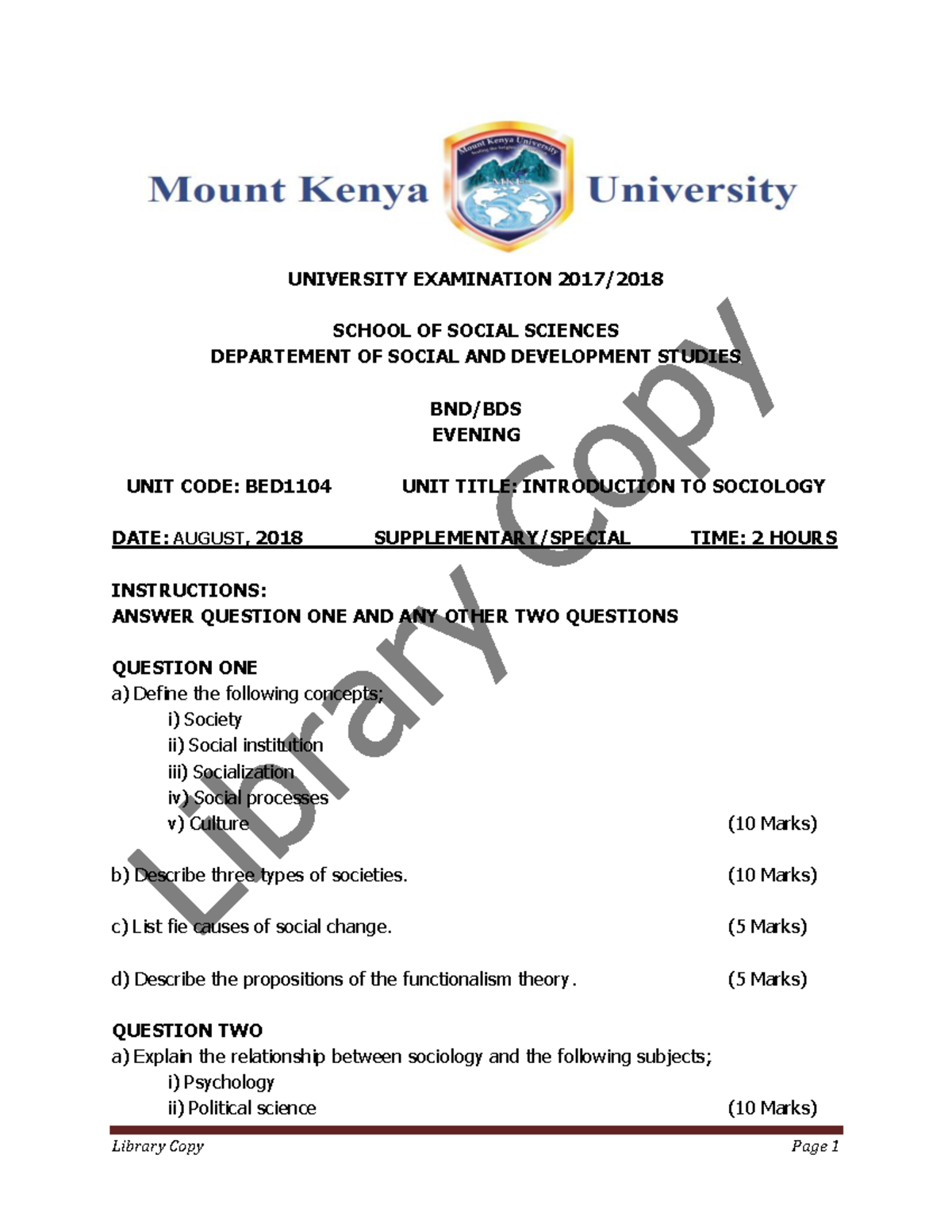 Bed1104 Introduction To Sociology Even Supp Library Copy Page 1 University Examination 2017