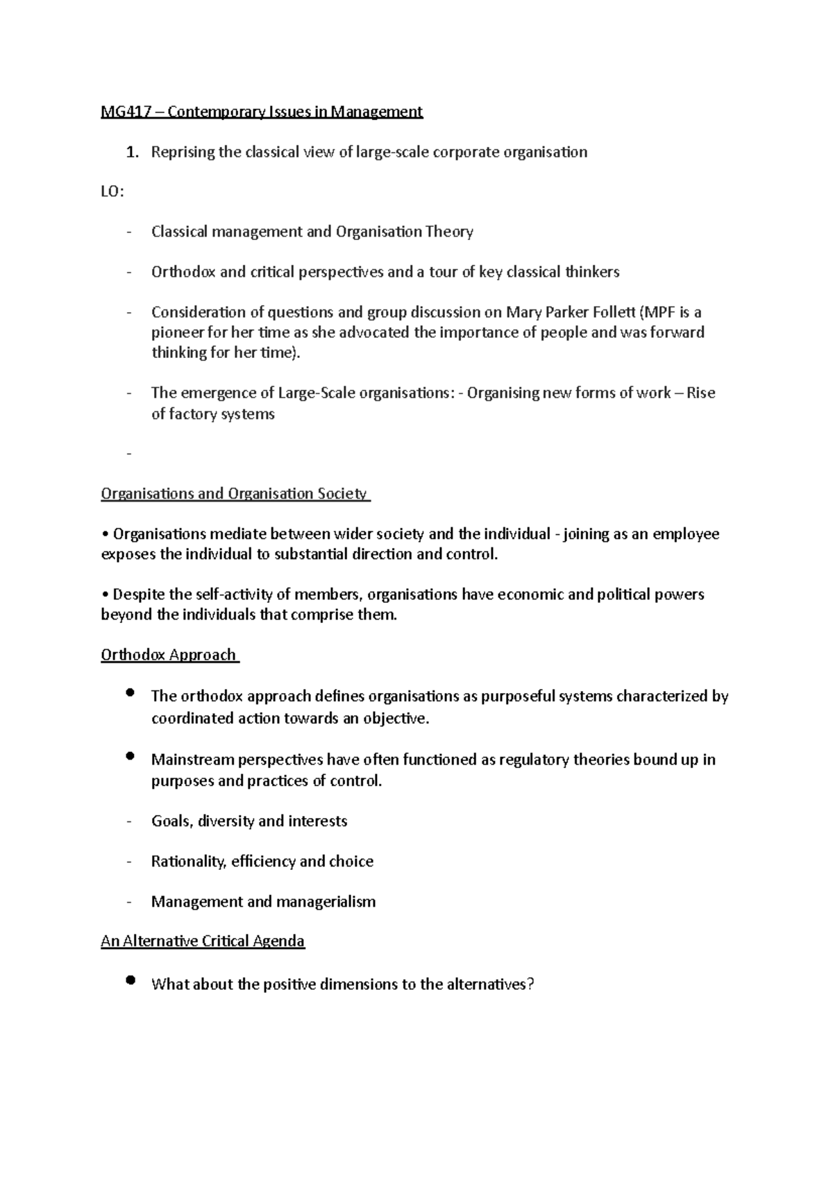 MG417 Lecture 2 - MG417 – Contemporary Issues in Management Reprising the classical view of ...