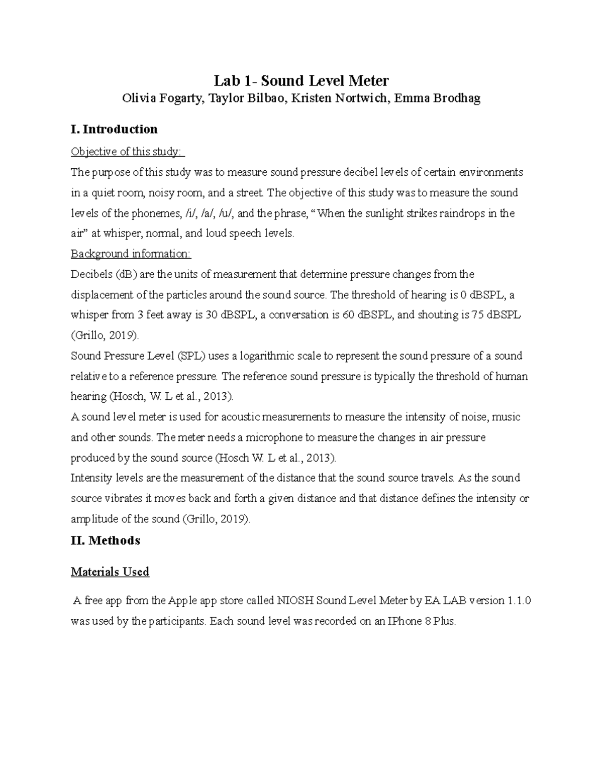 Lab 1 report - Lab 1- Sound Level Meter Olivia Fogarty, Taylor Bilbao ...