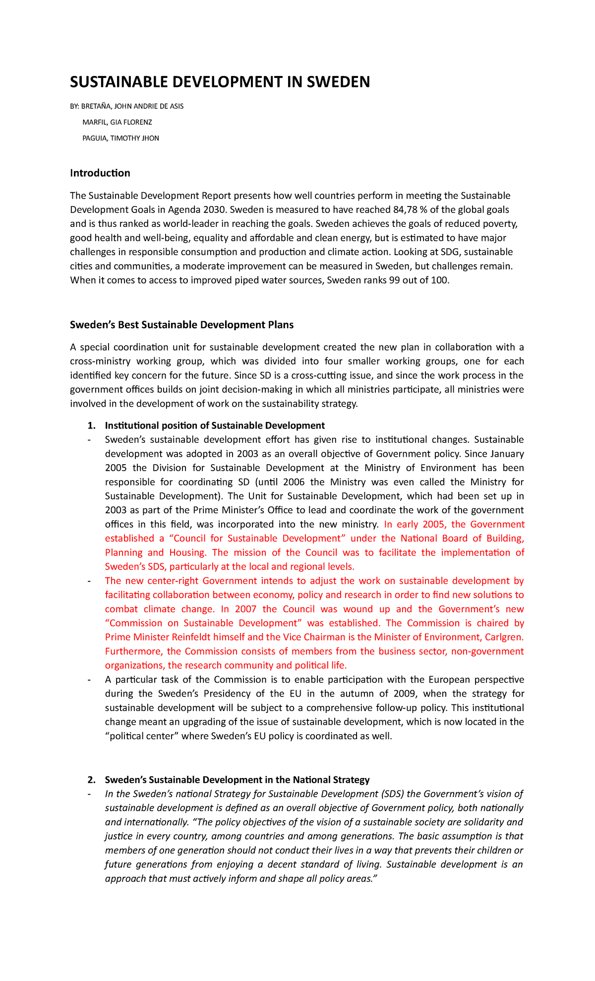 Sustainable Development IN Sweden - SUSTAINABLE DEVELOPMENT IN SWEDEN ...