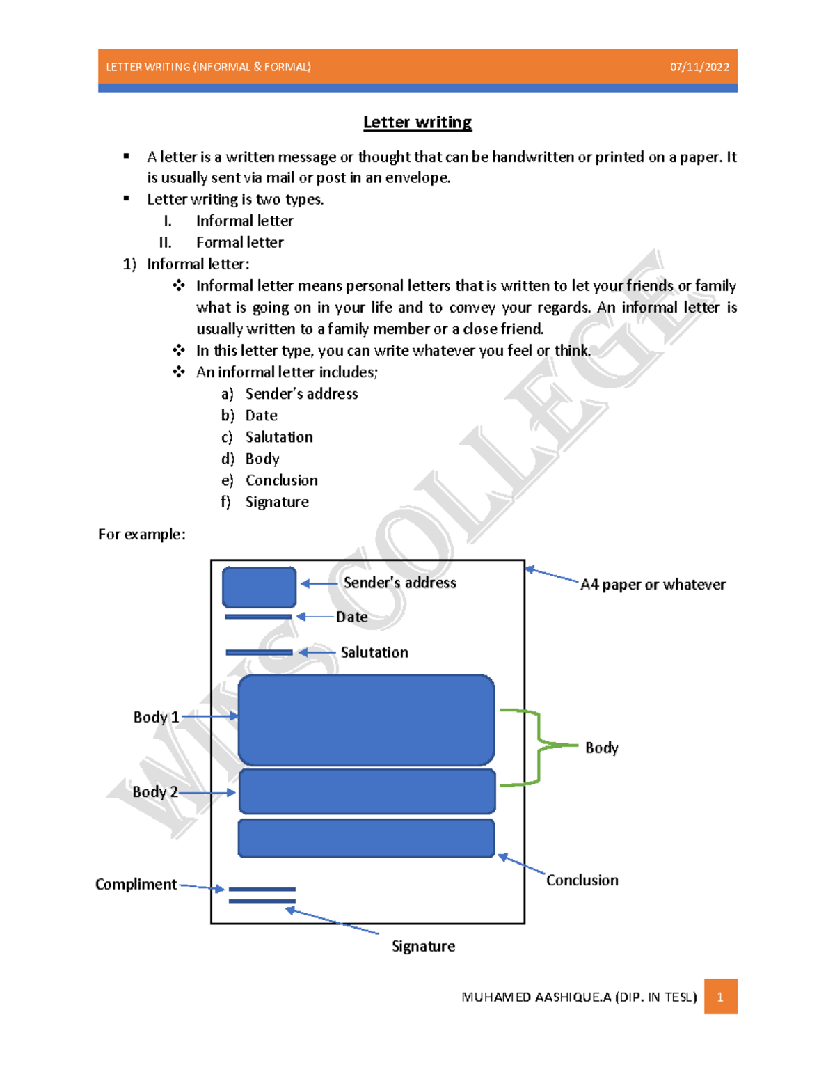 Formal and Informal letters - LETTER WRITING (INFORMAL & FORMAL) 07/11 ...