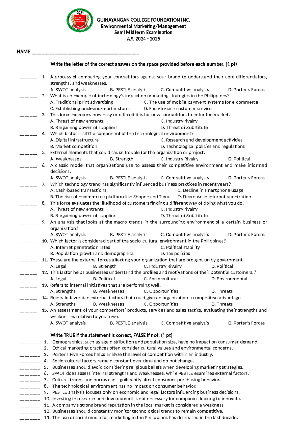 Environmental Marketing Semi Mid Exam - GUINAYANGAN COLLEGE FOUNDATION ...