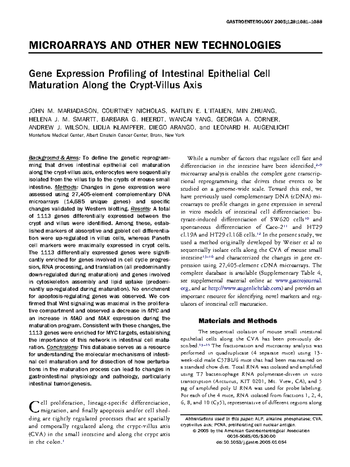 Gastroenterology 2005 Mariadason - MICROARRAYS AND OTHER NEW ...