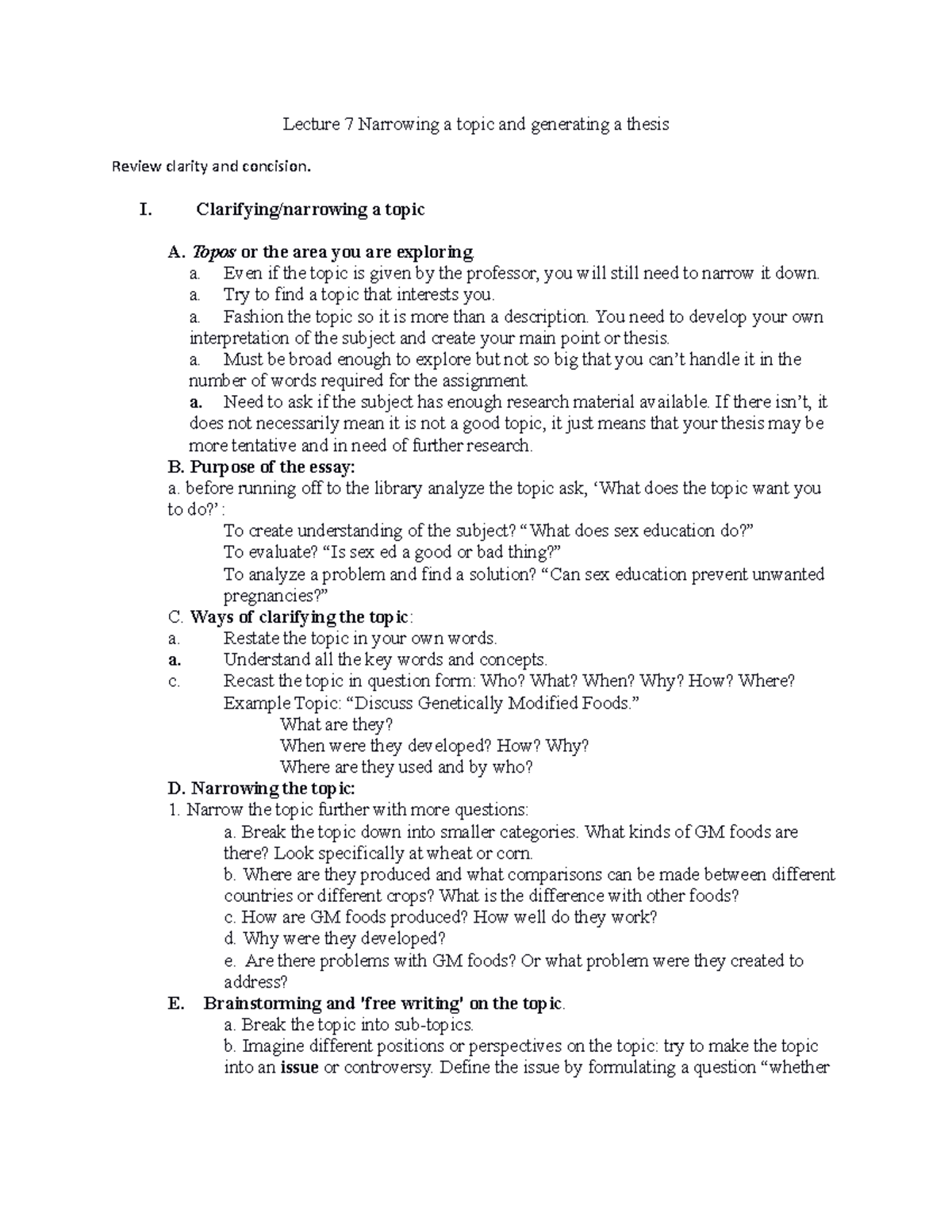 Lecture 7 Thesis - Lecture 7 Narrowing a topic and generating a thesis ...