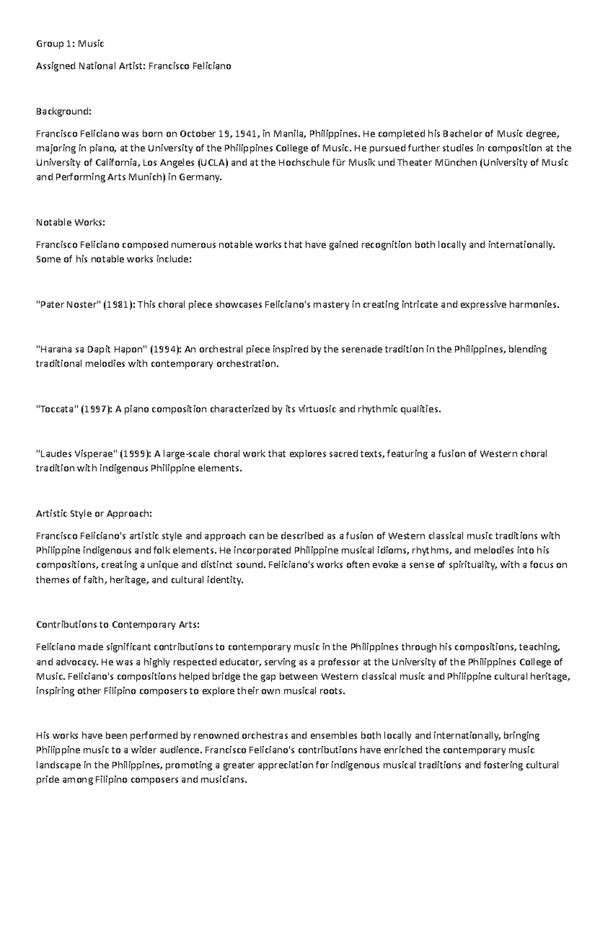 Q1 TG 2 - Activity 7 handouts - Group 1: Music Assigned National Artist ...