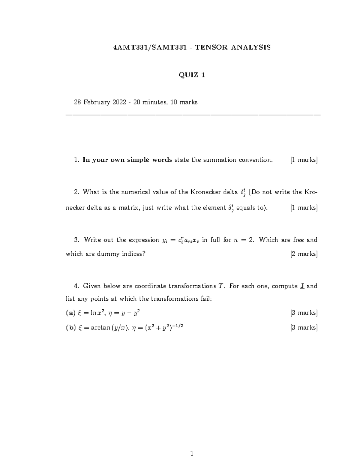 Quiz 1 - NOTES - 4AMT331/SAMT331 - TENSOR ANALYSIS QUIZ 1 28 February ...