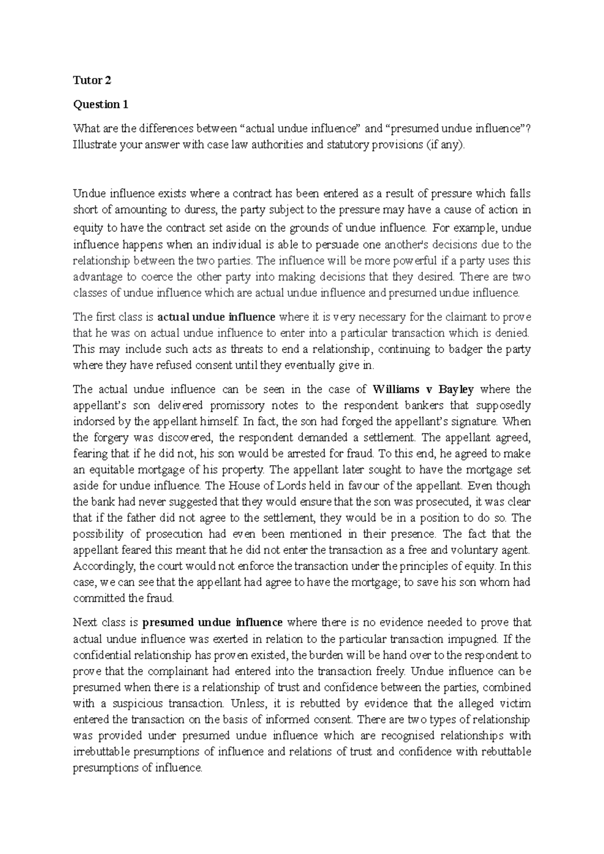 Tuto week 2 - actual and presumed undue influence - Tutor 2 Question 1 ...