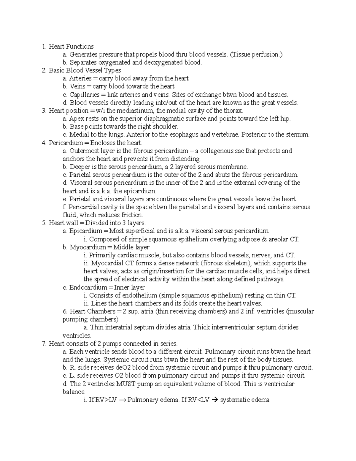 cardiac /Heart outline lecture notes - Heart Functions a. Generates ...