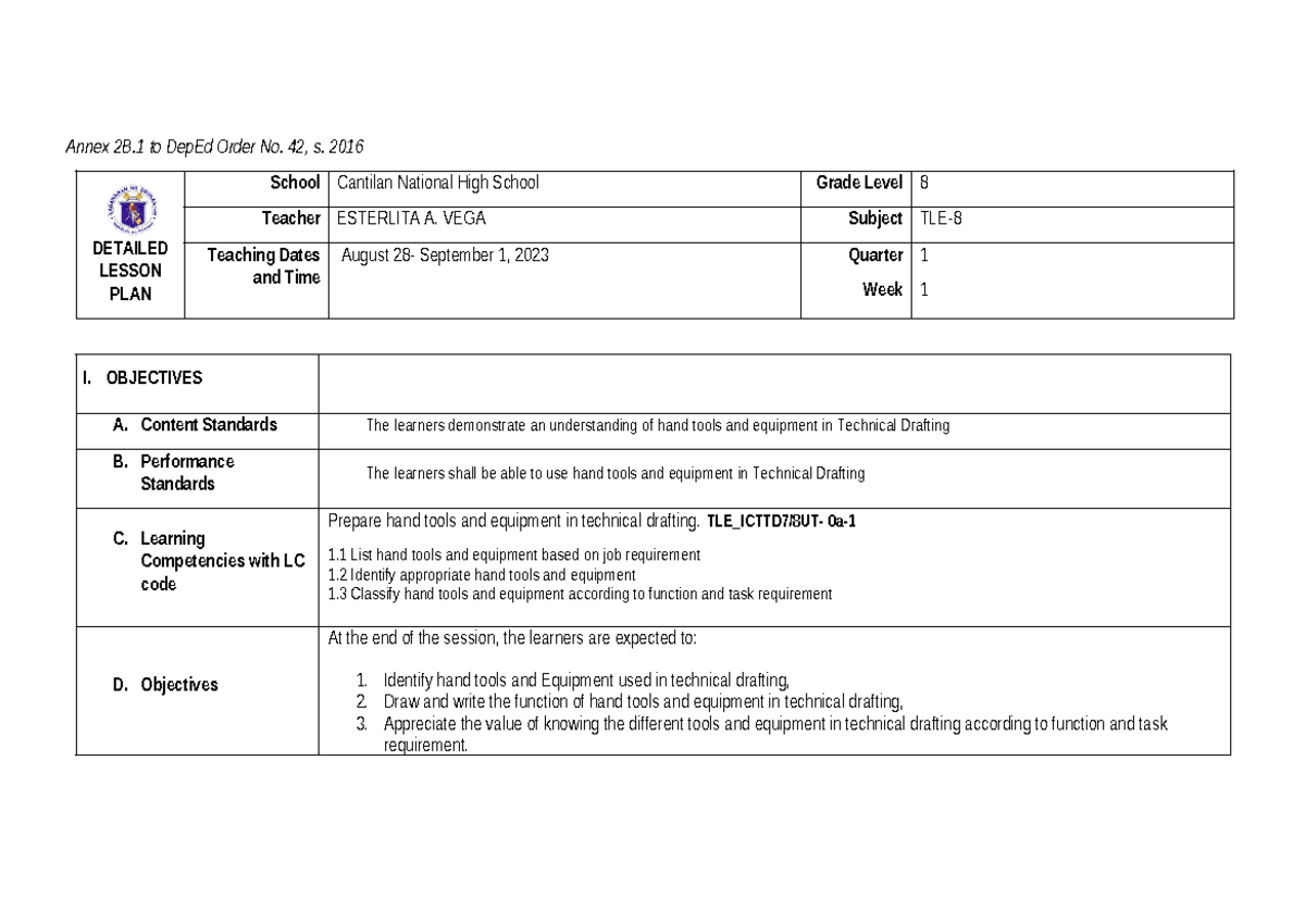 678117260 TLE 8 DLP Week 1 Technical Drafting - Annex 2B to DepEd Order ...