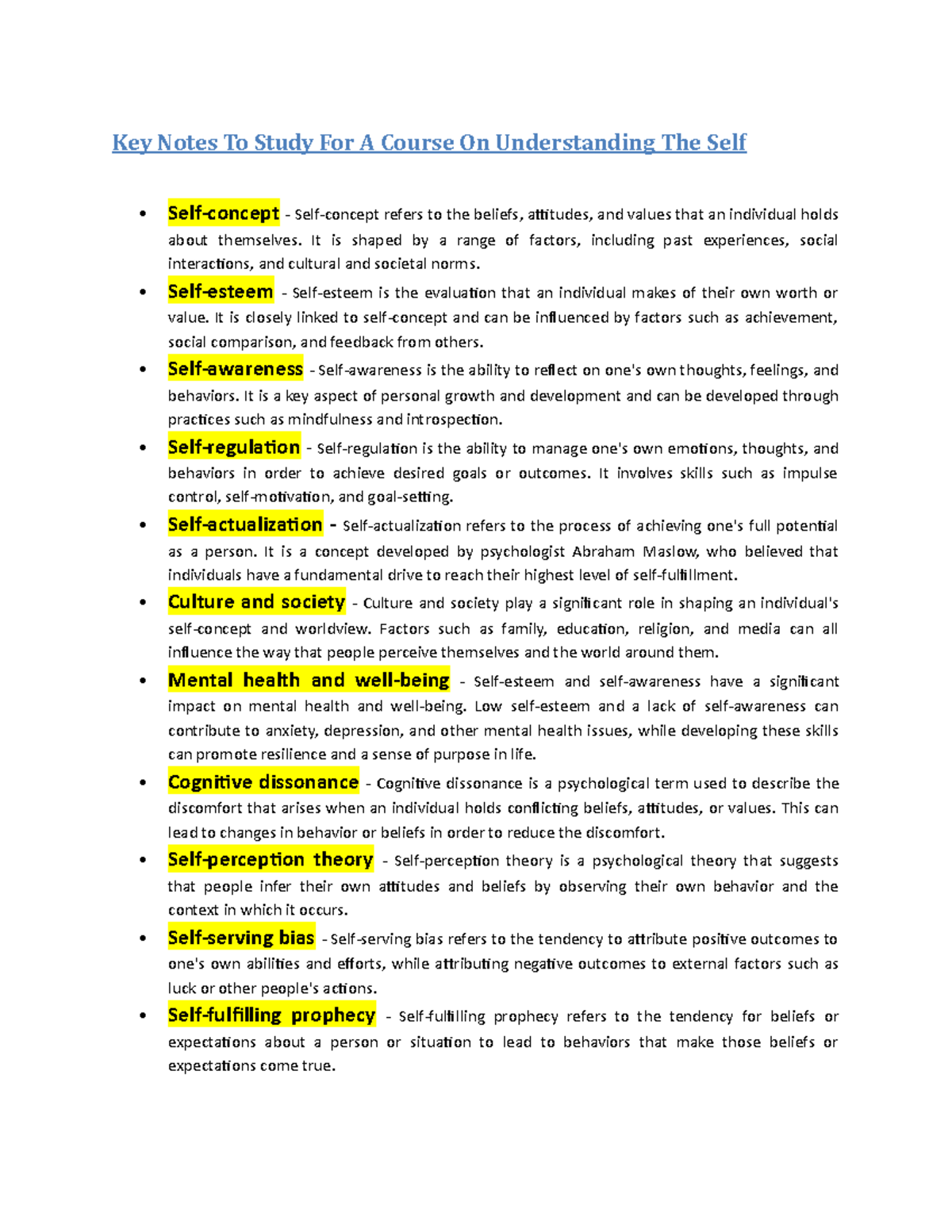 Understanding The Self; Key notes to study - Key Notes To Study For A ...
