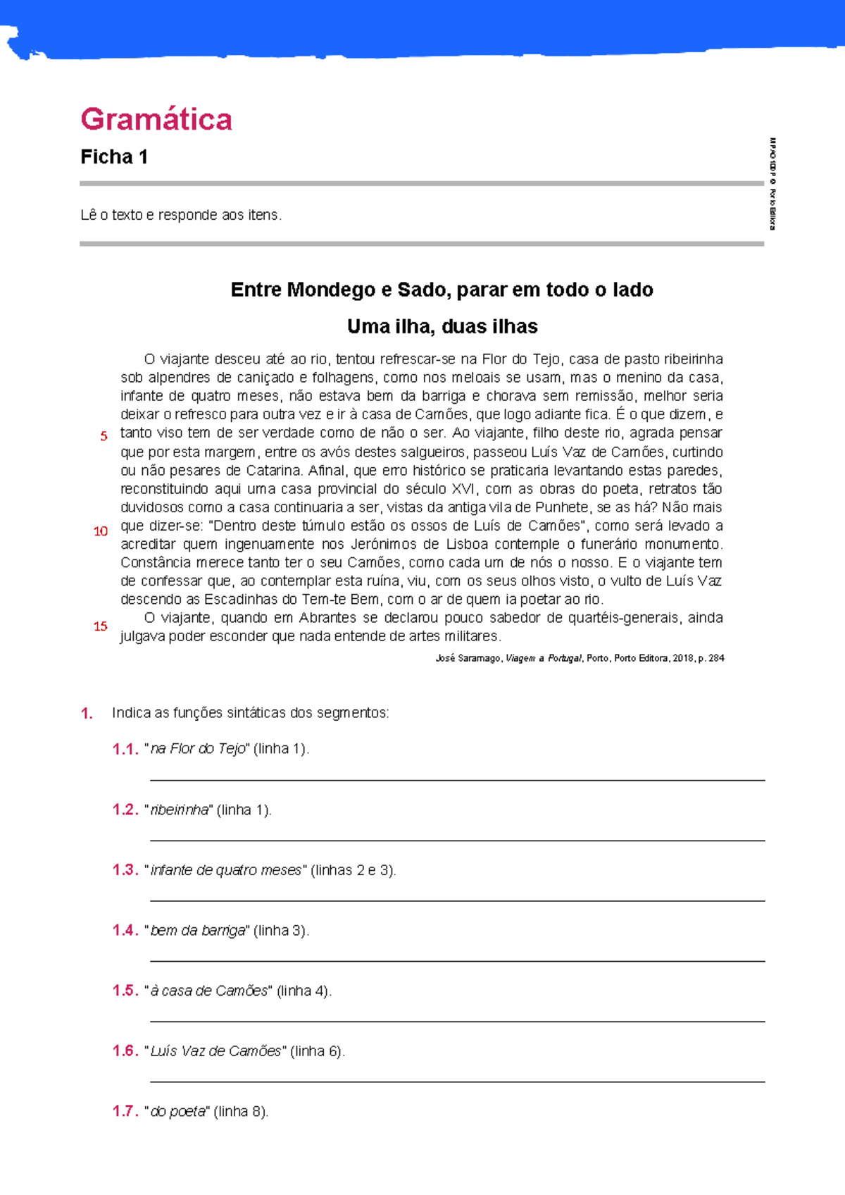 Fichas de trabalho gram Ã¡tica - ####### MPAG10DP© Porto Editora Gramática Ficha 1 Lê o texto e ...