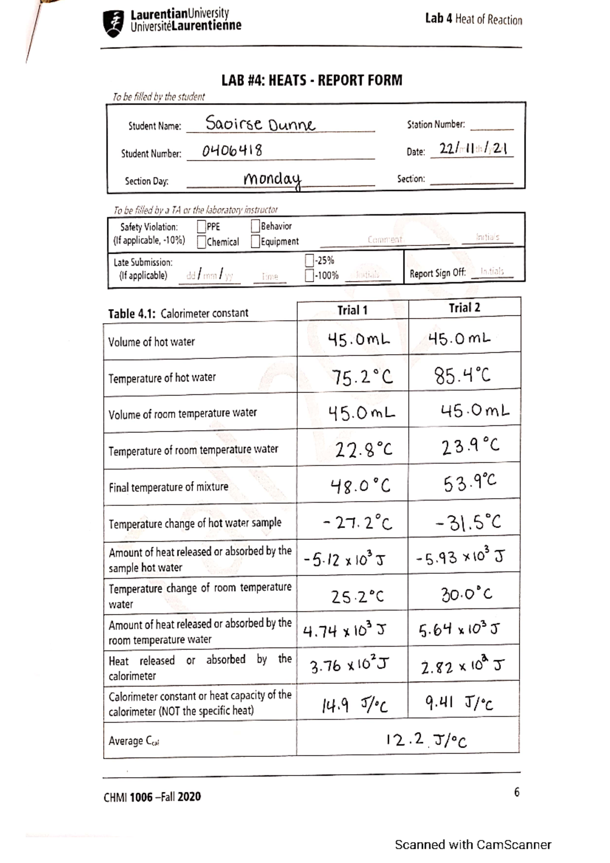 Chem lab 4 - this is the finished 4th chem lab - chem1006 - Laurentian ...