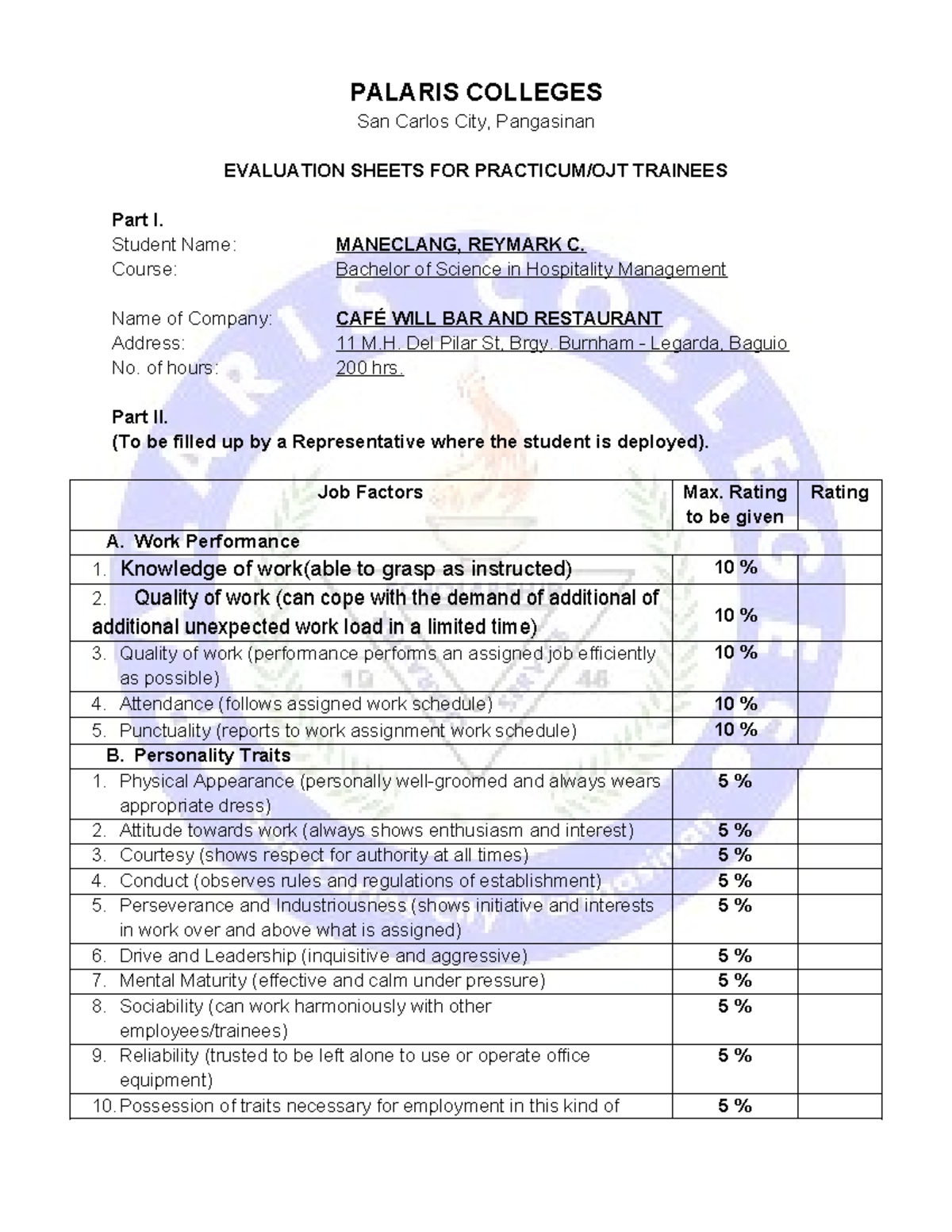Performance Evaluation - PALARIS COLLEGES San Carlos City, Pangasinan ...