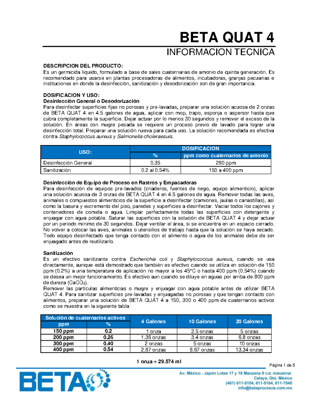 CALI-03 BETA QUAT 4 Ficha Tecnica - BETA QUAT 4 INFORMACION TECNICA ...