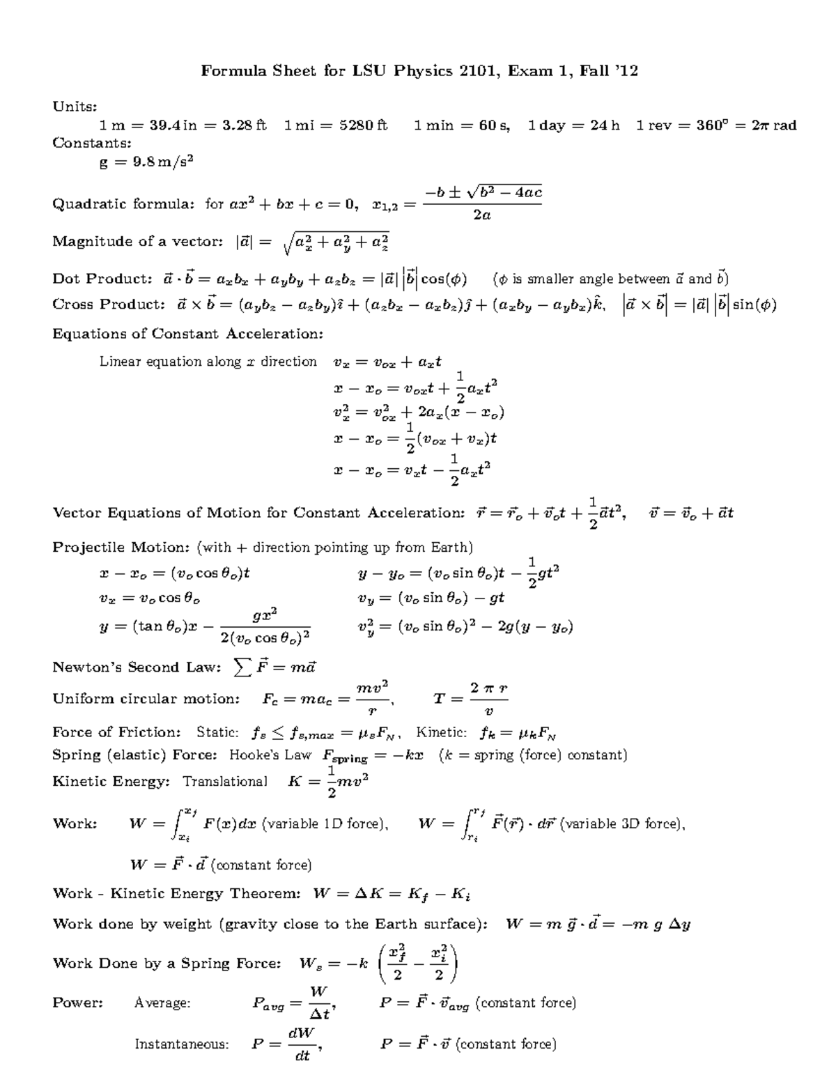 Physics Formula Sheet for General Physics - Formula Sheet for LSU ...