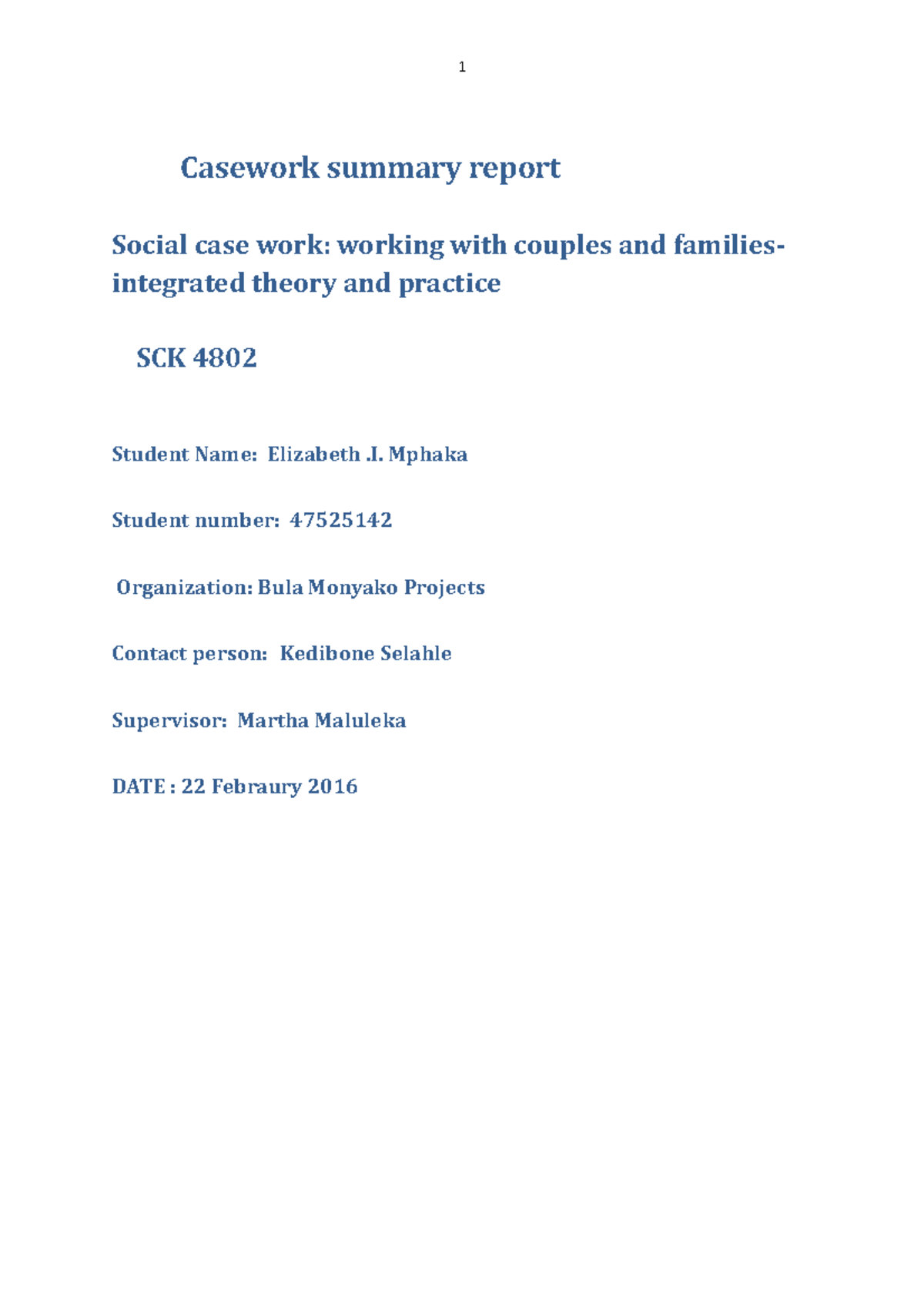 Casework file summary Eliza - Casework summary report Social case work ...