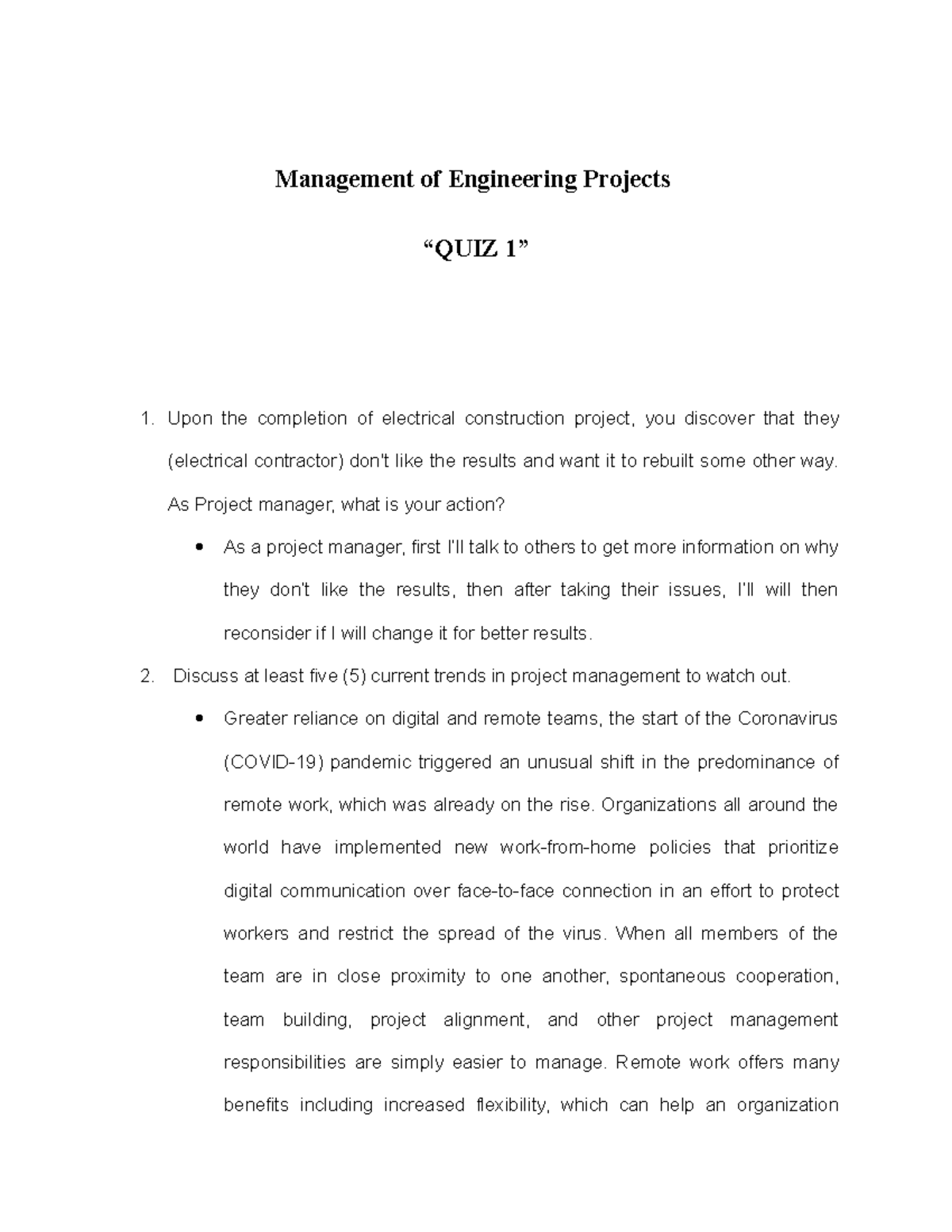 Management of Engineering Projects QUIZ1 - Management of Engineering ...