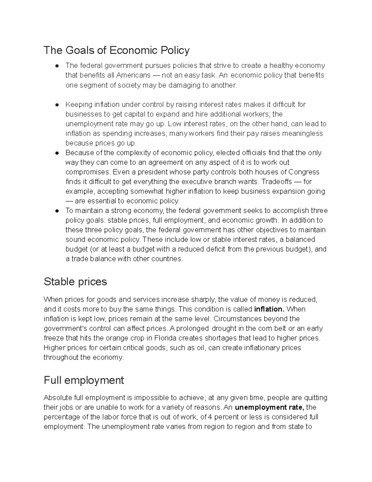 The Goals of Economic Policy - An economic policy that benefits one ...