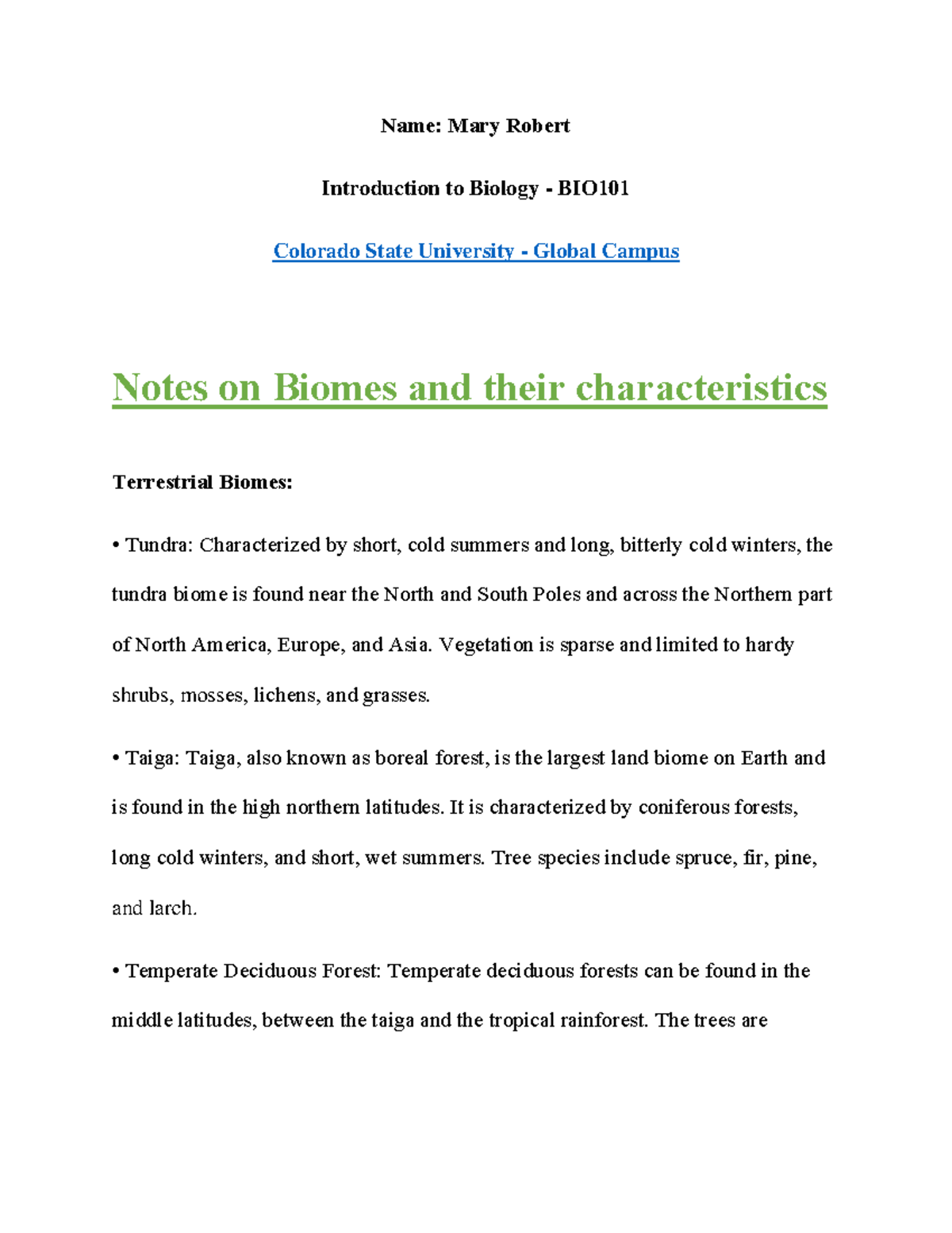 Biomes and their characteristics - Namе: Mary Robert Introduction to ...