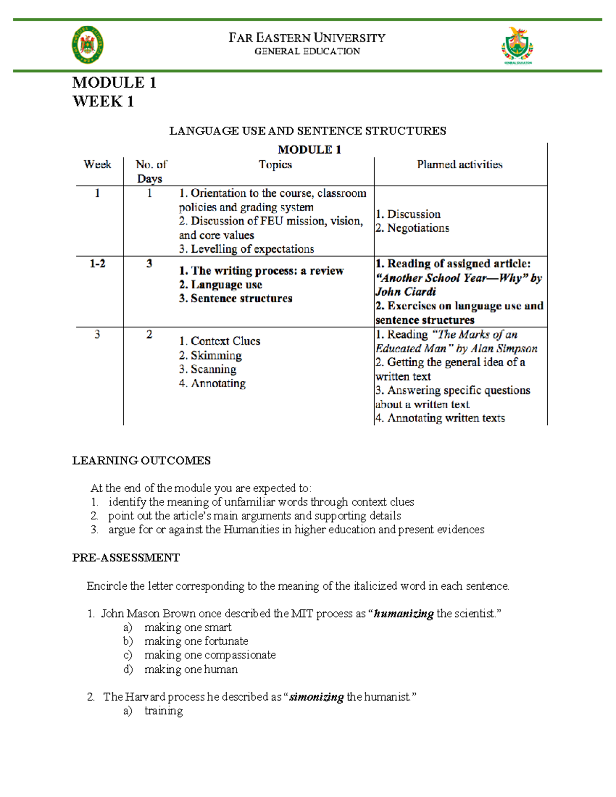 MODULE 1: WEEK 1-2 - MODULE 1 WEEK 1 LANGUAGE USE AND SENTENCE ...