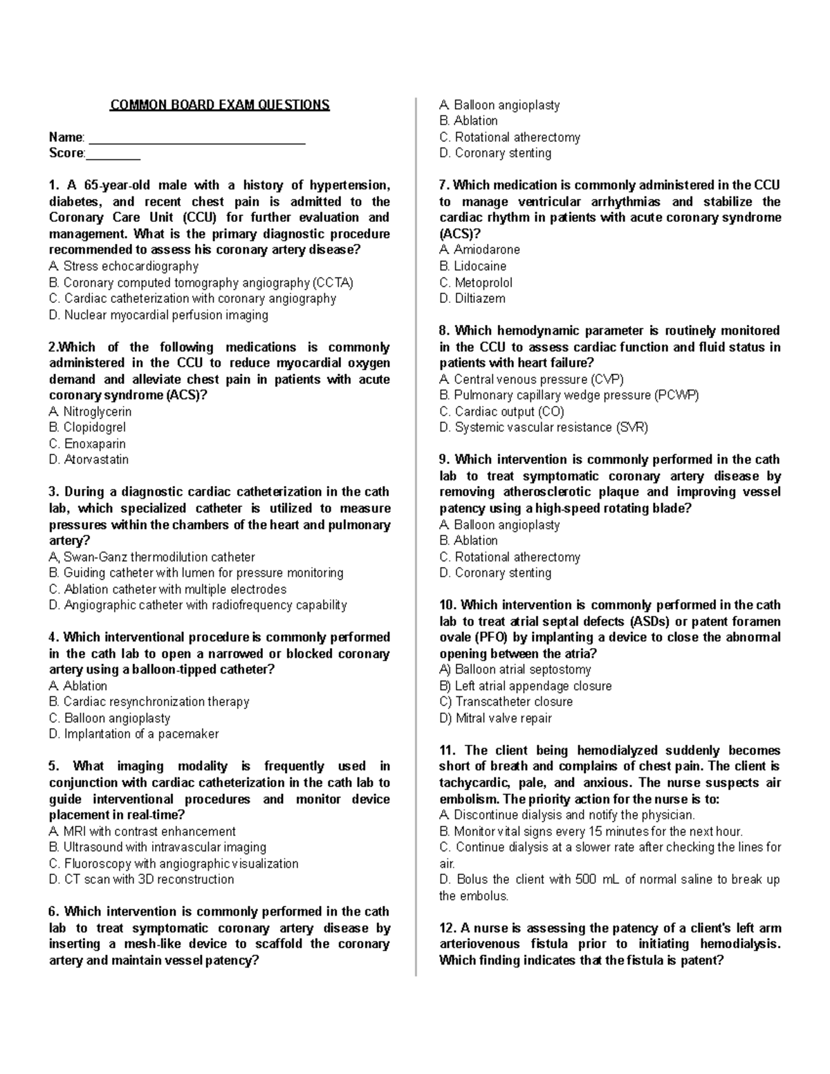 Common-board-exam-questions-CCU-CATH-LAB -HD- NCLEX PRACTICE QUESTIONS ...