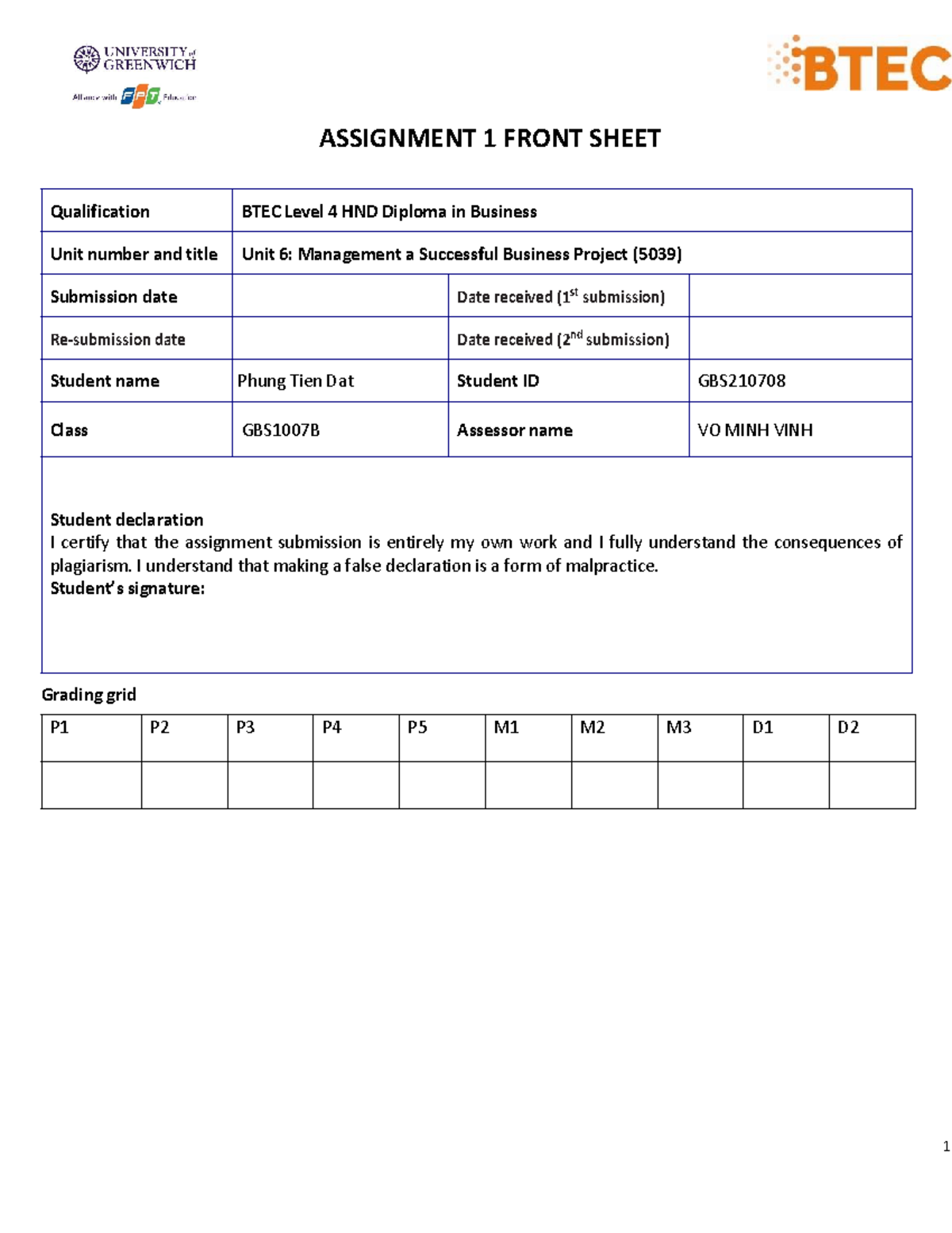 5039 ASM1 GBS210708 Phung Tien Dat - ASSIGNMENT 1 FRONT SHEET ...