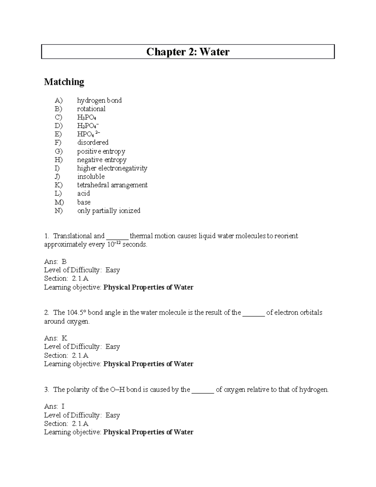 Ch02 - Biochemistry - Chapter 2: Water Matching A) hydrogen bond B ...