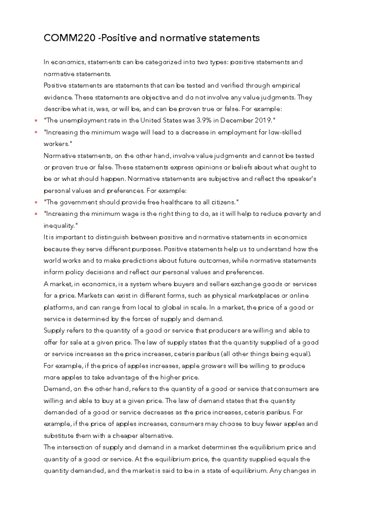 COMM220 -Positive and normative statements - Positive statements are ...