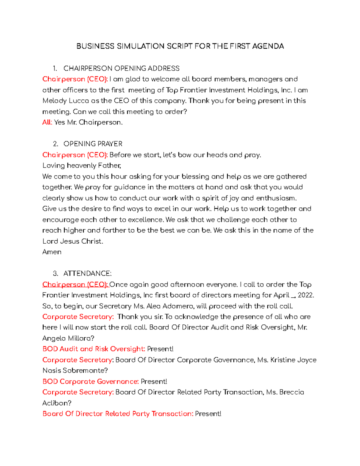 Business Simulation BUSINESS SIMULATION SCRIPT FOR THE FIRST AGENDA ...