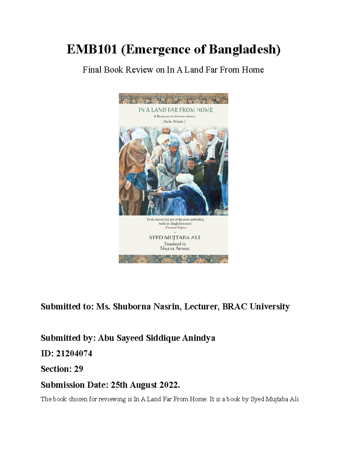 EMB101 Book Review - EMB101 (Emergence of Bangladesh) Final Book Review ...