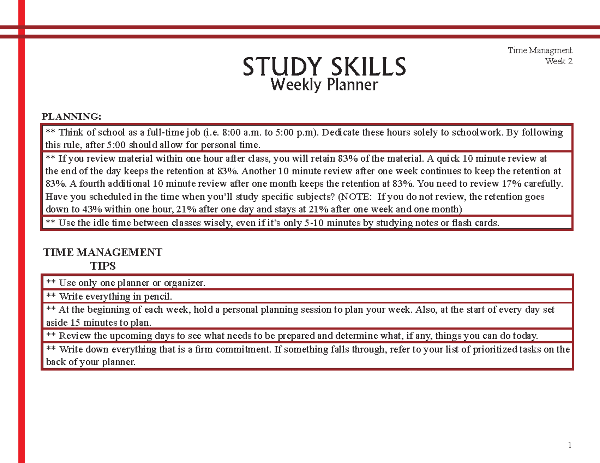 Weekly Planner - STUDY SKILLS Time Managment Week 2 Weekly Planner ...