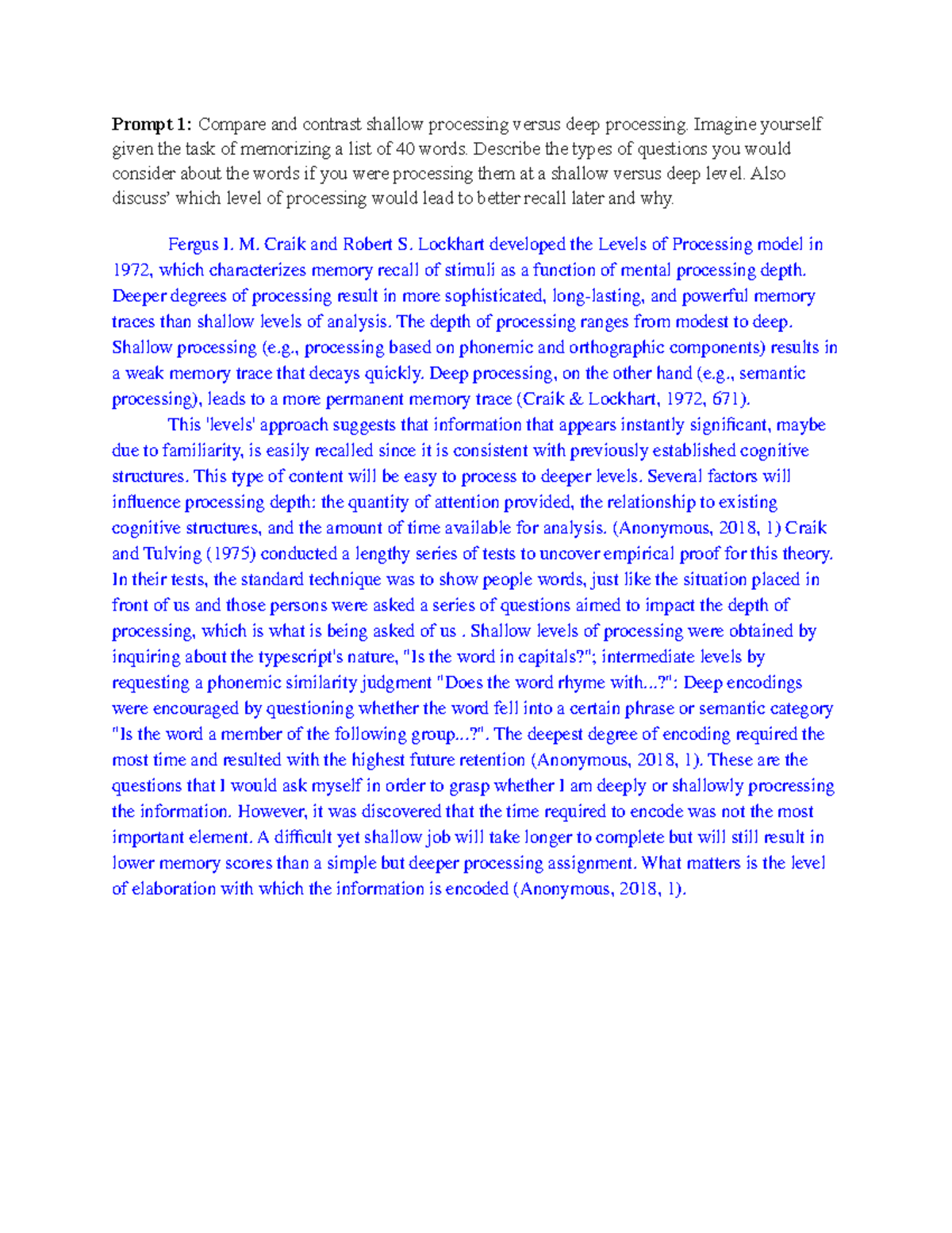 HA5 . Fall 2022 - Prompt 1: Compare and contrast shallow processing ...