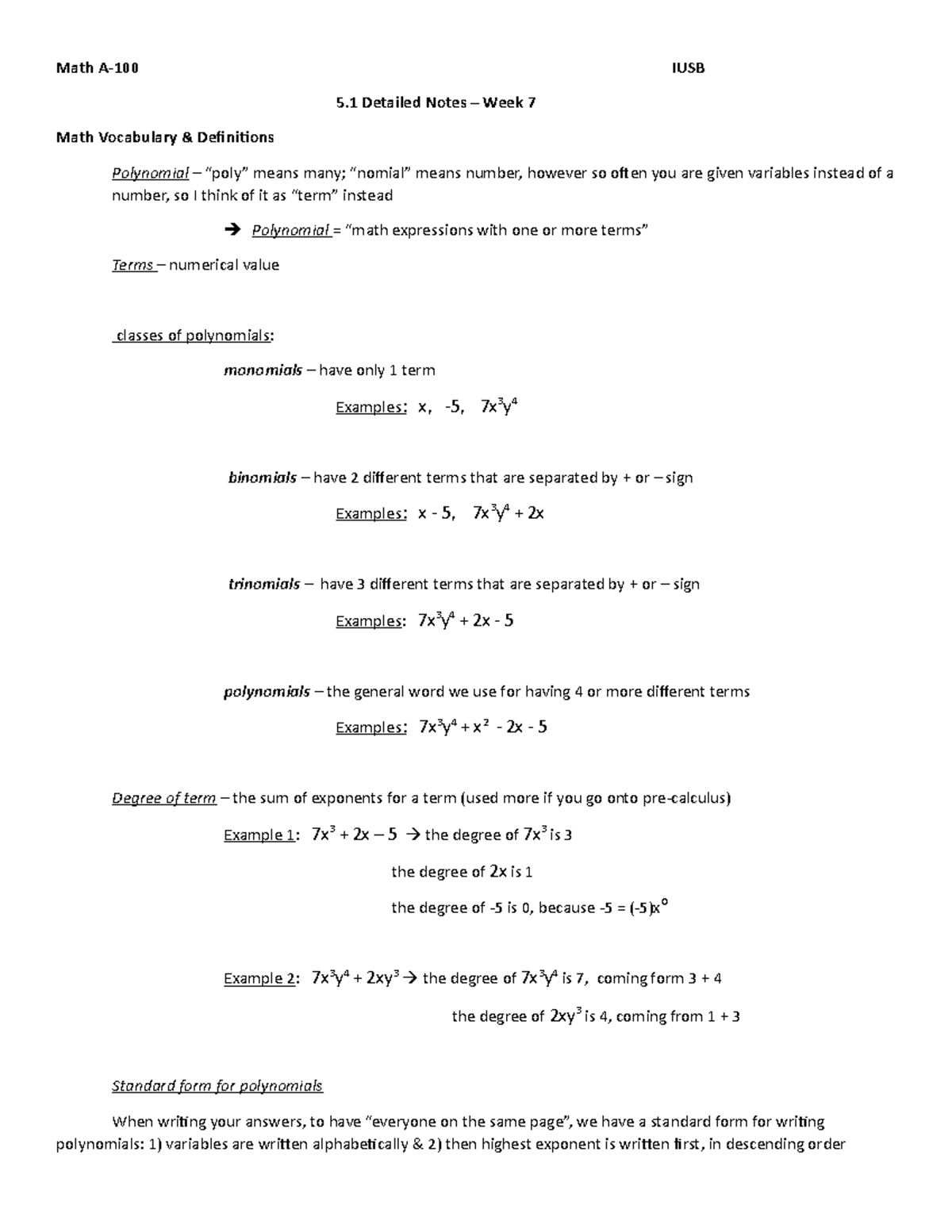 Sec. 5.1 detailed notes – Week 7 - Math A-100 IUSB 5 Detailed Notes ...