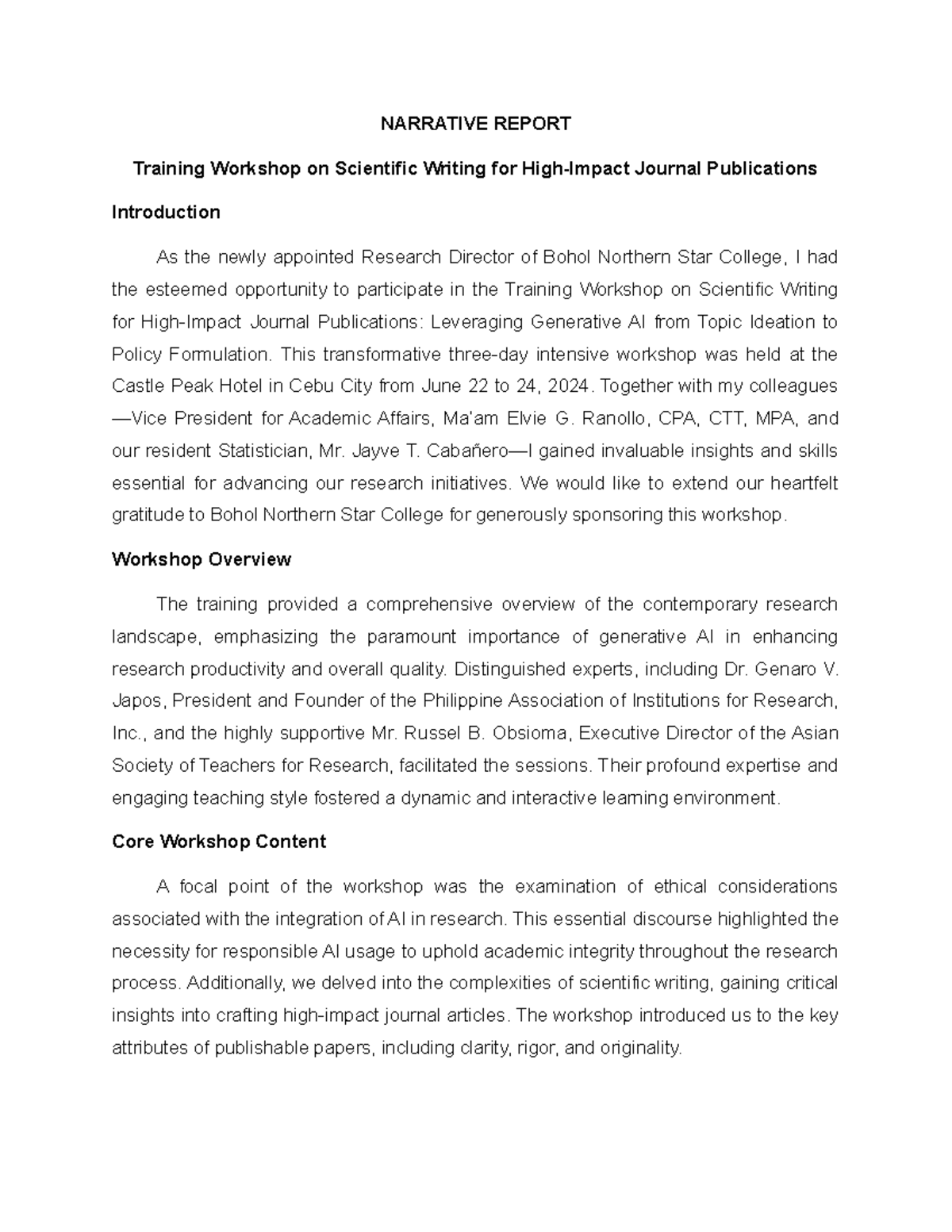 Narrative Report Draft - NARRATIVE REPORT Training Workshop on ...