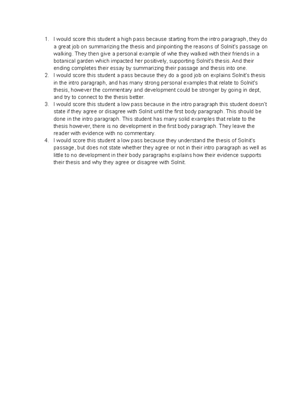 English grading assignment - I would score this student a high pass ...