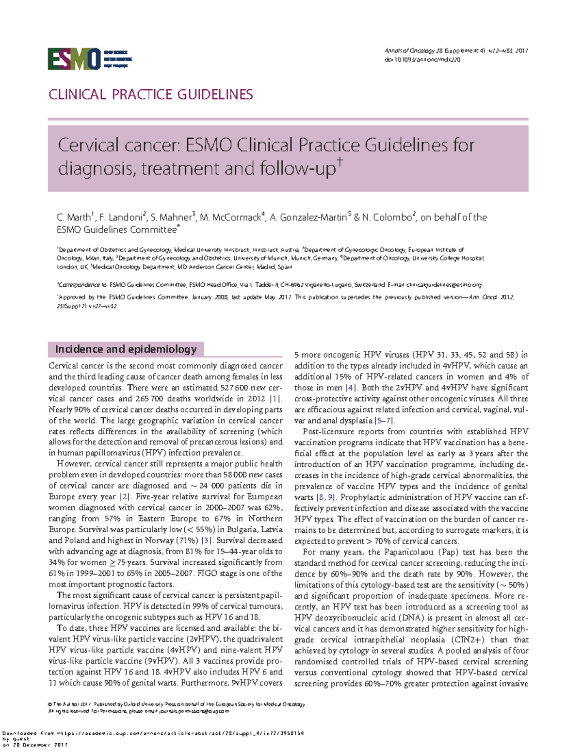 Cancer cervical. Guias del ESMO - CLINICAL PRACTICE GUIDELINES Cervical ...