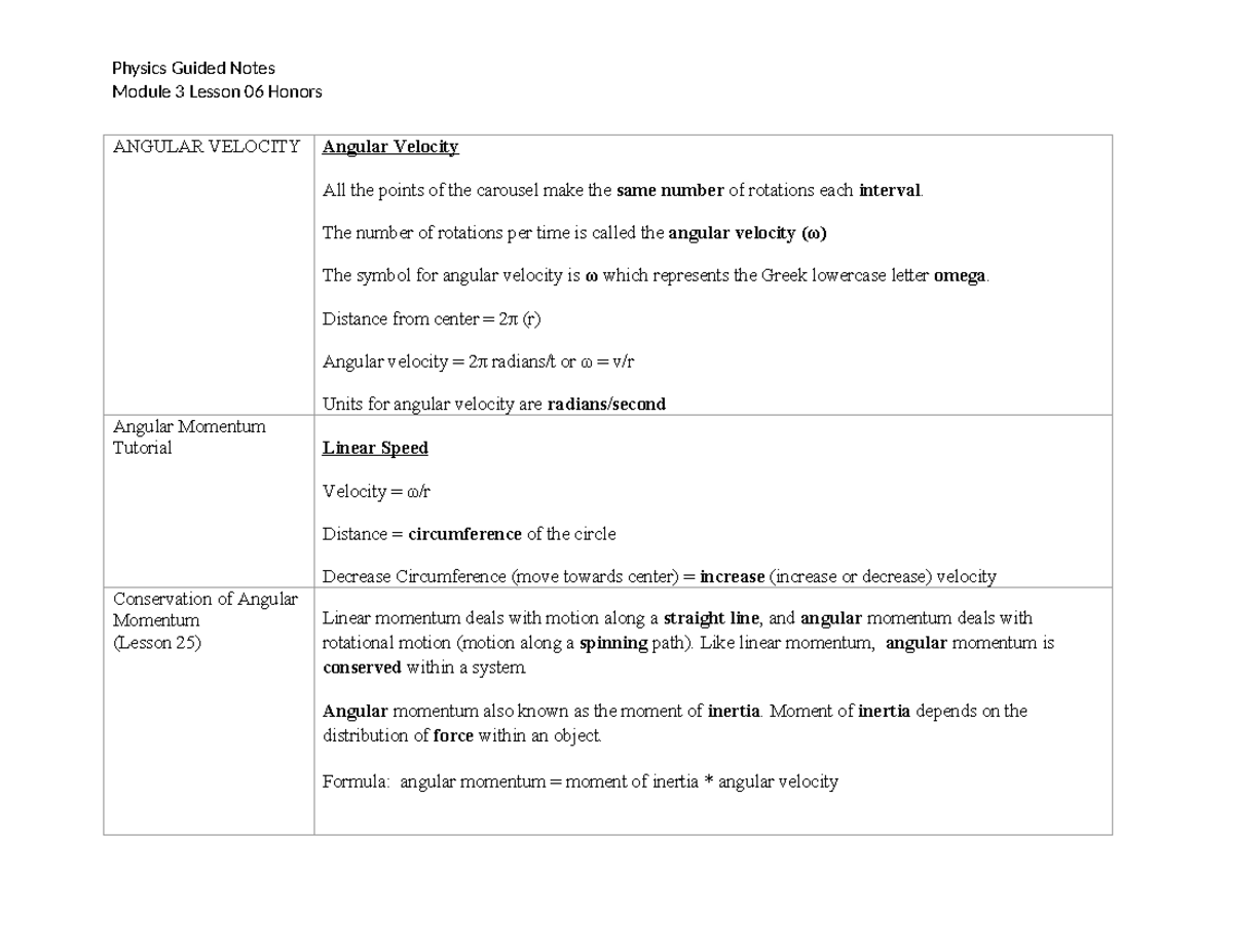 Guided Notes V22 M3L06 - Physics Guided Notes Module 3 Lesson 06 Honors ...