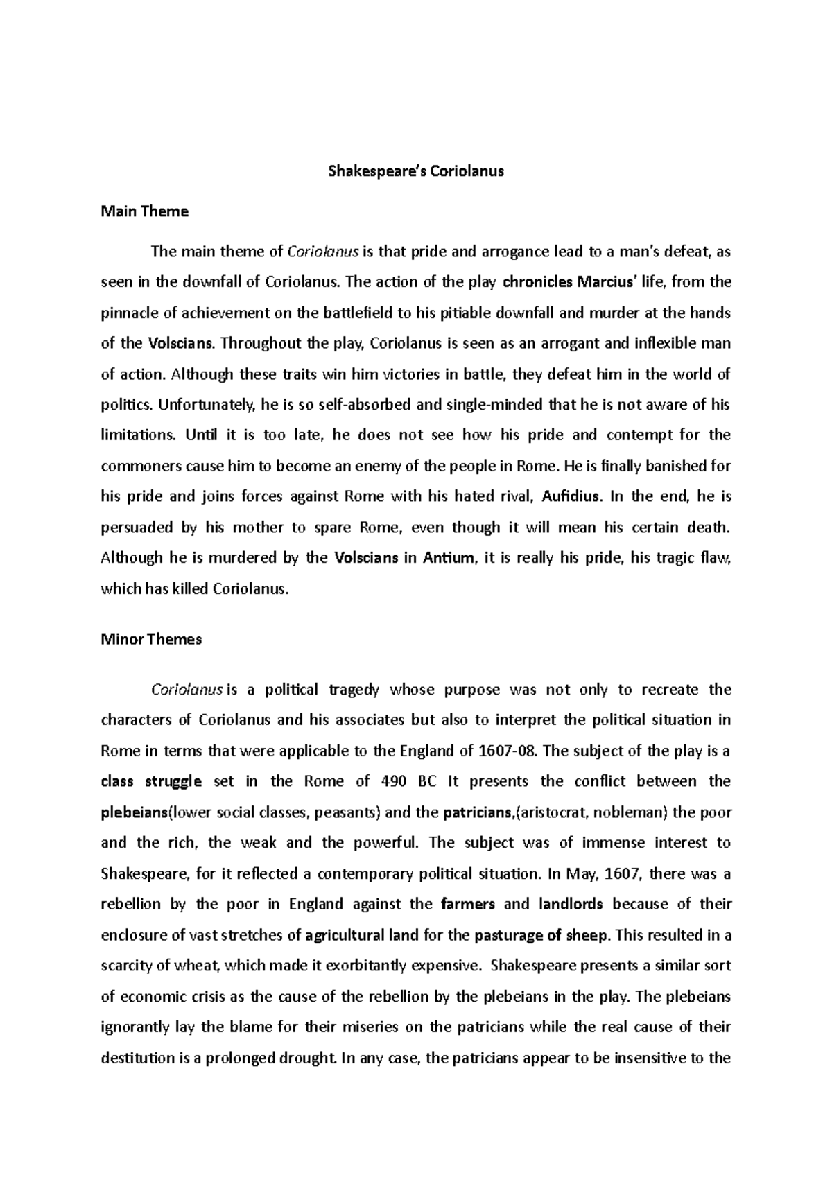 Shakespeare's Coriolanus - Shakespeare’s Coriolanus Main Theme The main ...