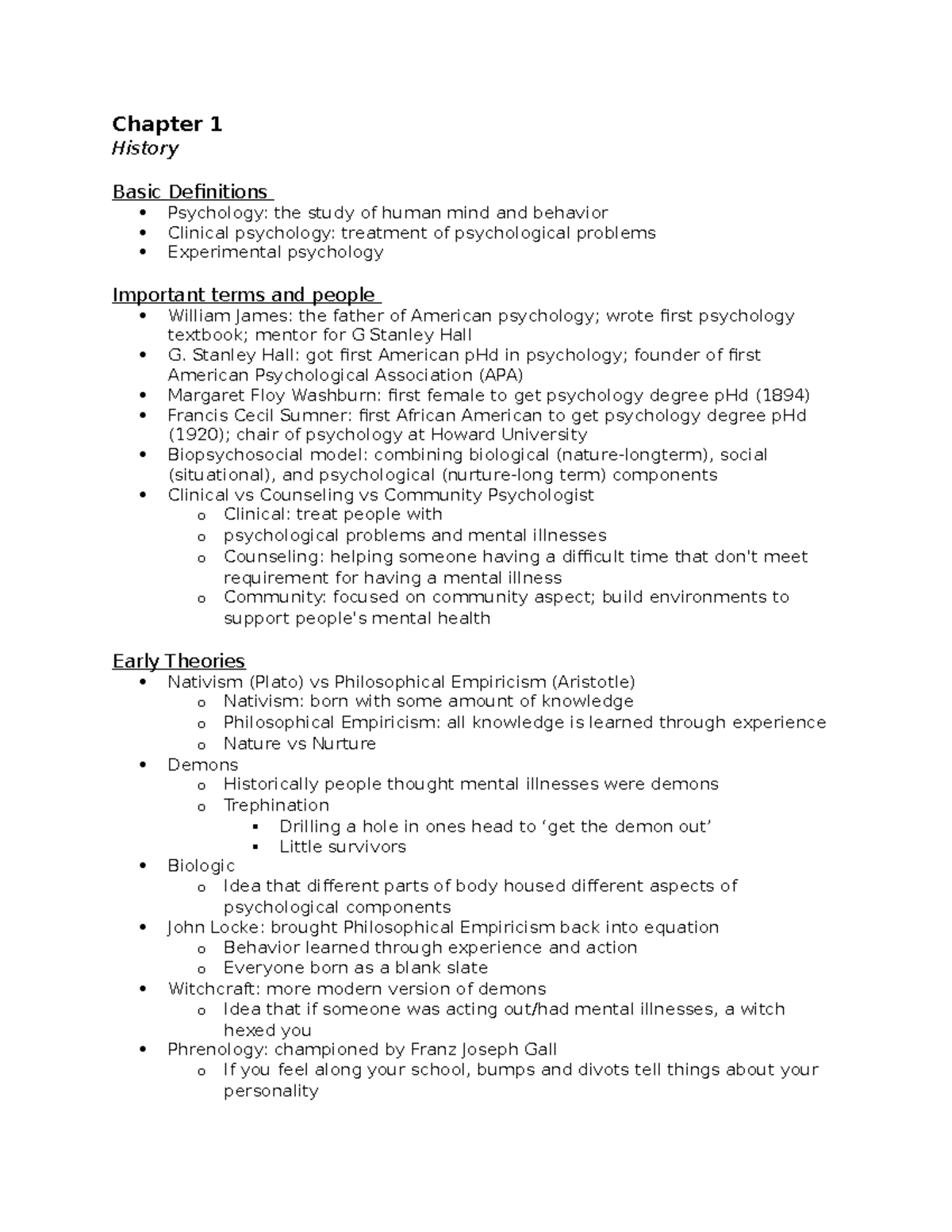 PSYC 111 Chapter 1 Notes - Chapter 1 History Basic Definitions ...